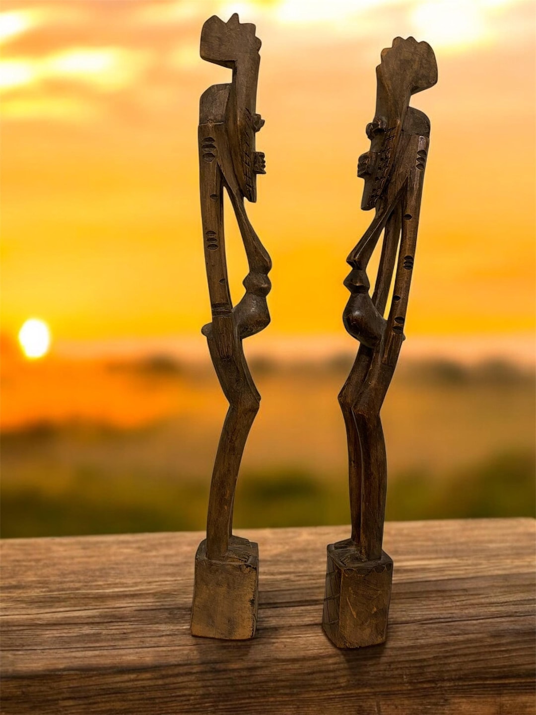 Large Vintage Pair of Senufo-style Wooden Statues - Hand-carved African ...