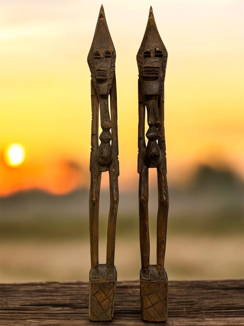 Large Vintage Pair of Senufo-style Wooden Statues - Hand-carved African ...