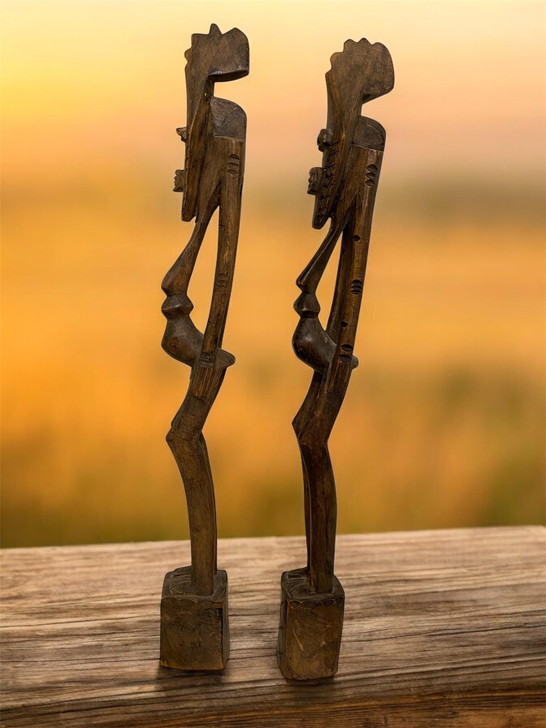 Large Vintage Pair of Senufo-style Wooden Statues - Hand-carved African ...