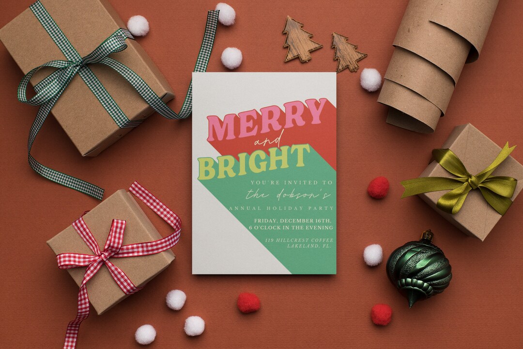 Merry and Bright Holiday Party Invitation Template | Retro Winter ...