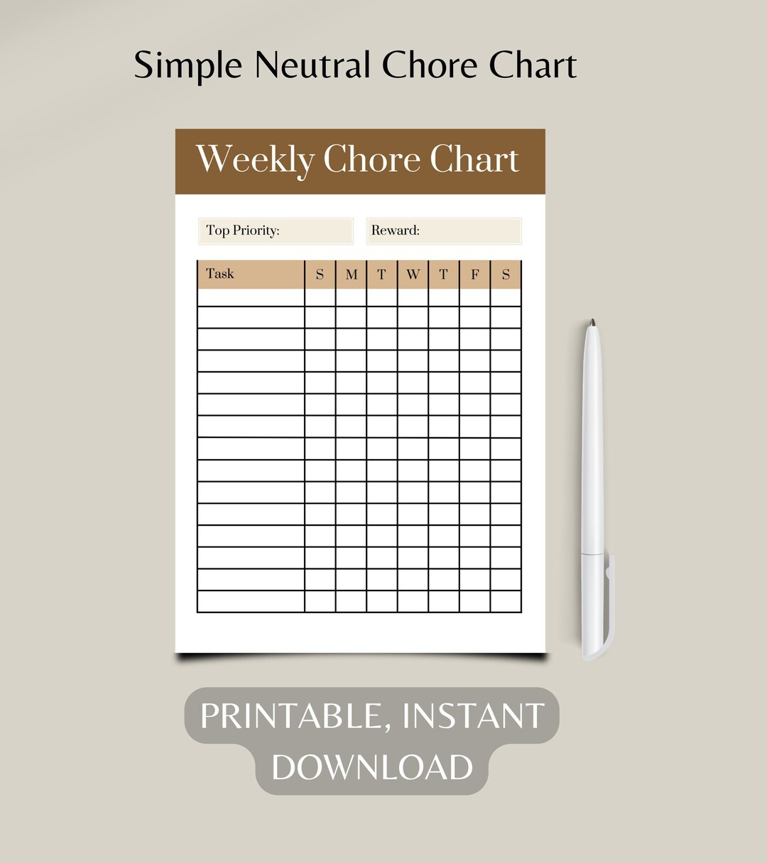 Modern Weekly Chore Chart, Neutral Chore Chart, Weekly Chore Chart ...