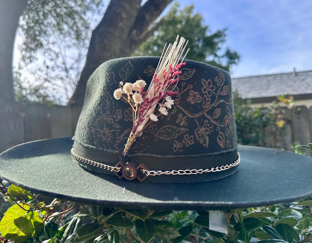 Elegant Dark Olive Green Wool Floral Burned Hat With Filigree Pin With ...