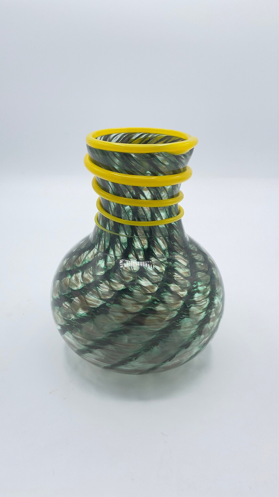 Green + Yellow Long Neck Vase | Hand Blown Glass | Fishnet With Yellow ...