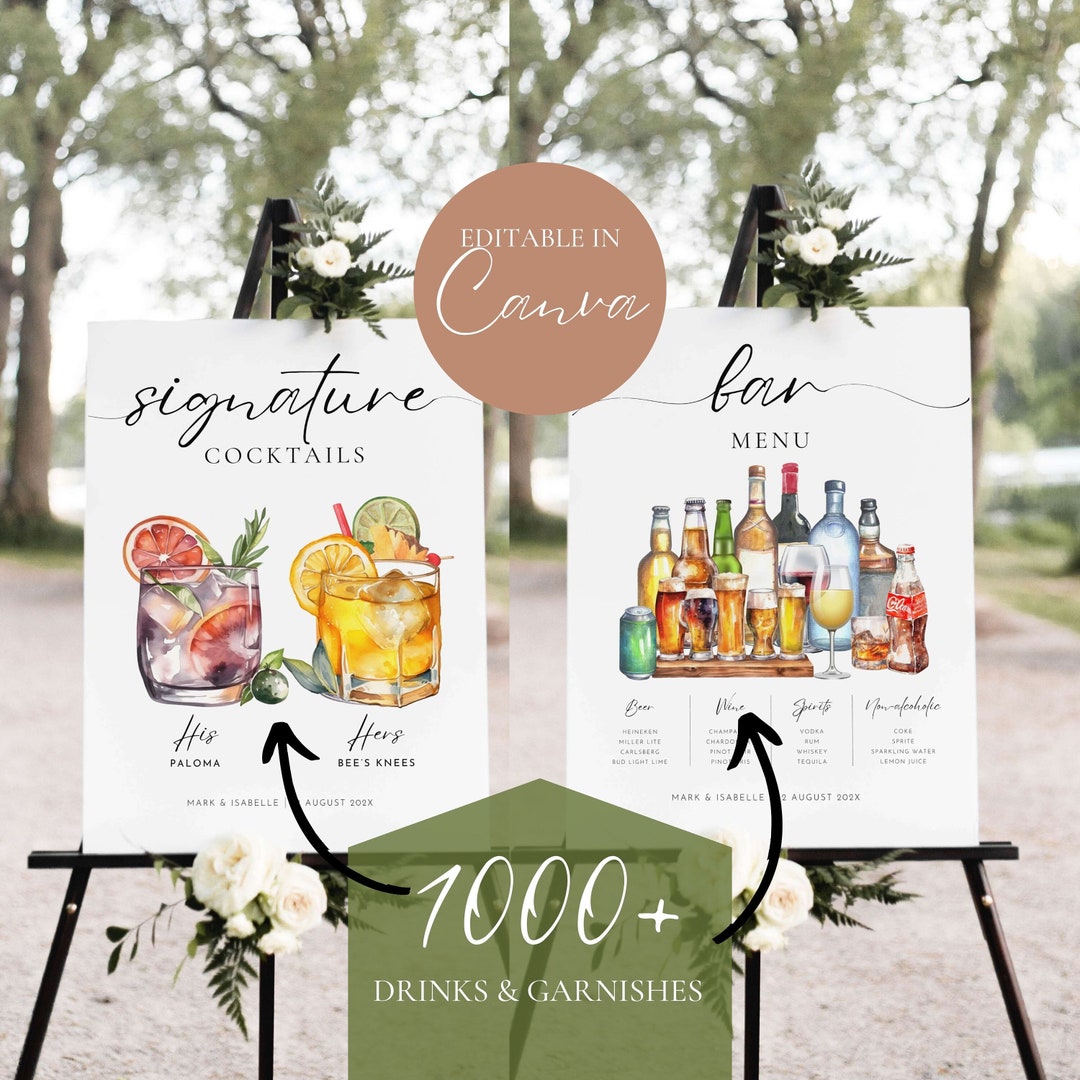 Bar Menu Poster, Bar Sign Template, Signature Drink Menu, Wedding Bar ...