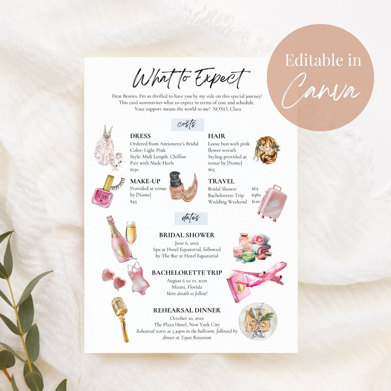 Editable Bridesmaid Expectations Card, Bridesmaid Info Card for ...