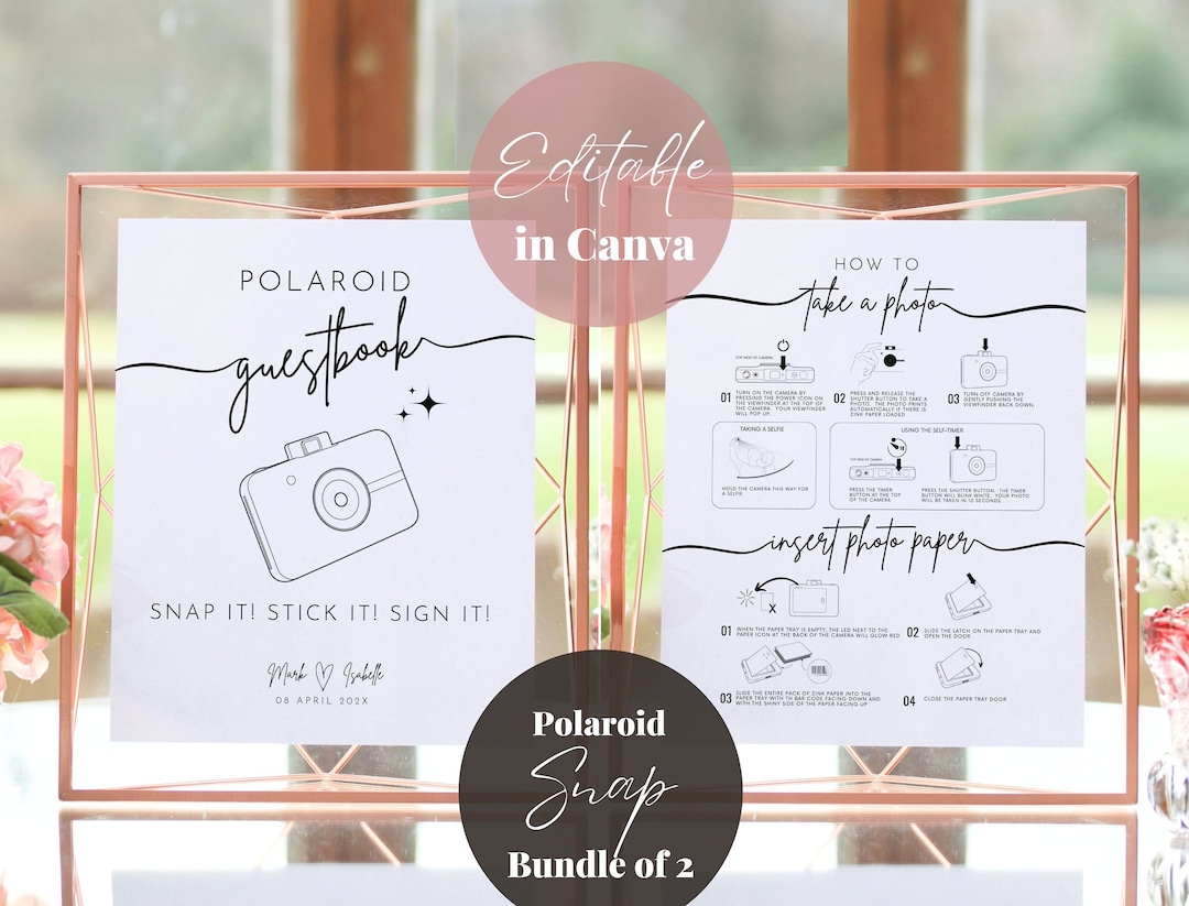 Editable Polaroid Snap Instruction and Camera Guestbook Sign Bundle ...