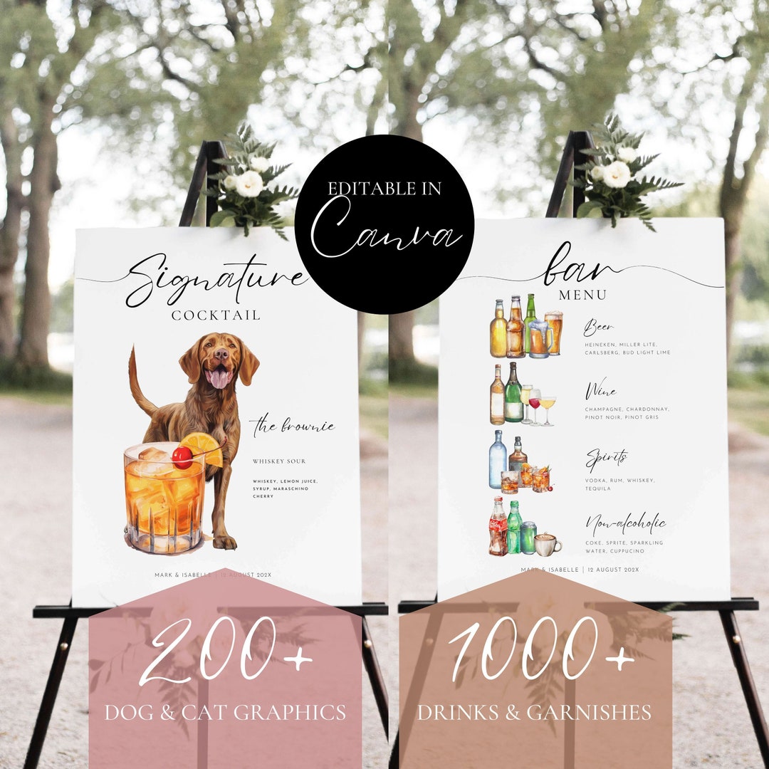 Signature Drink Sign With Dog, Bar Menu Template With Watercolor Drinks ...