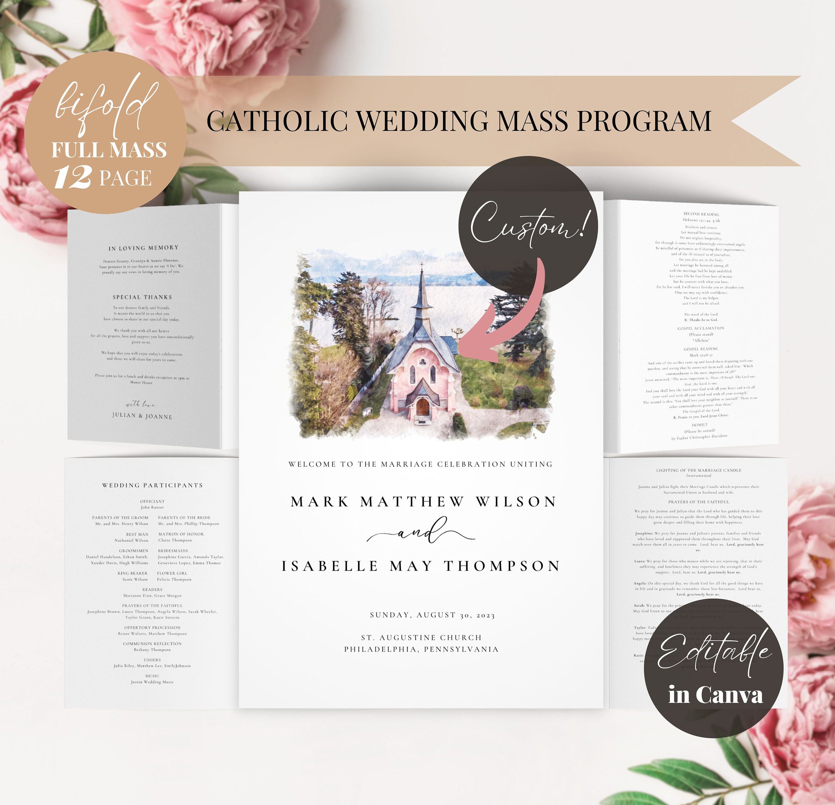 12-page Bifold Catholic Wedding Program Template Custom Watercolor ...