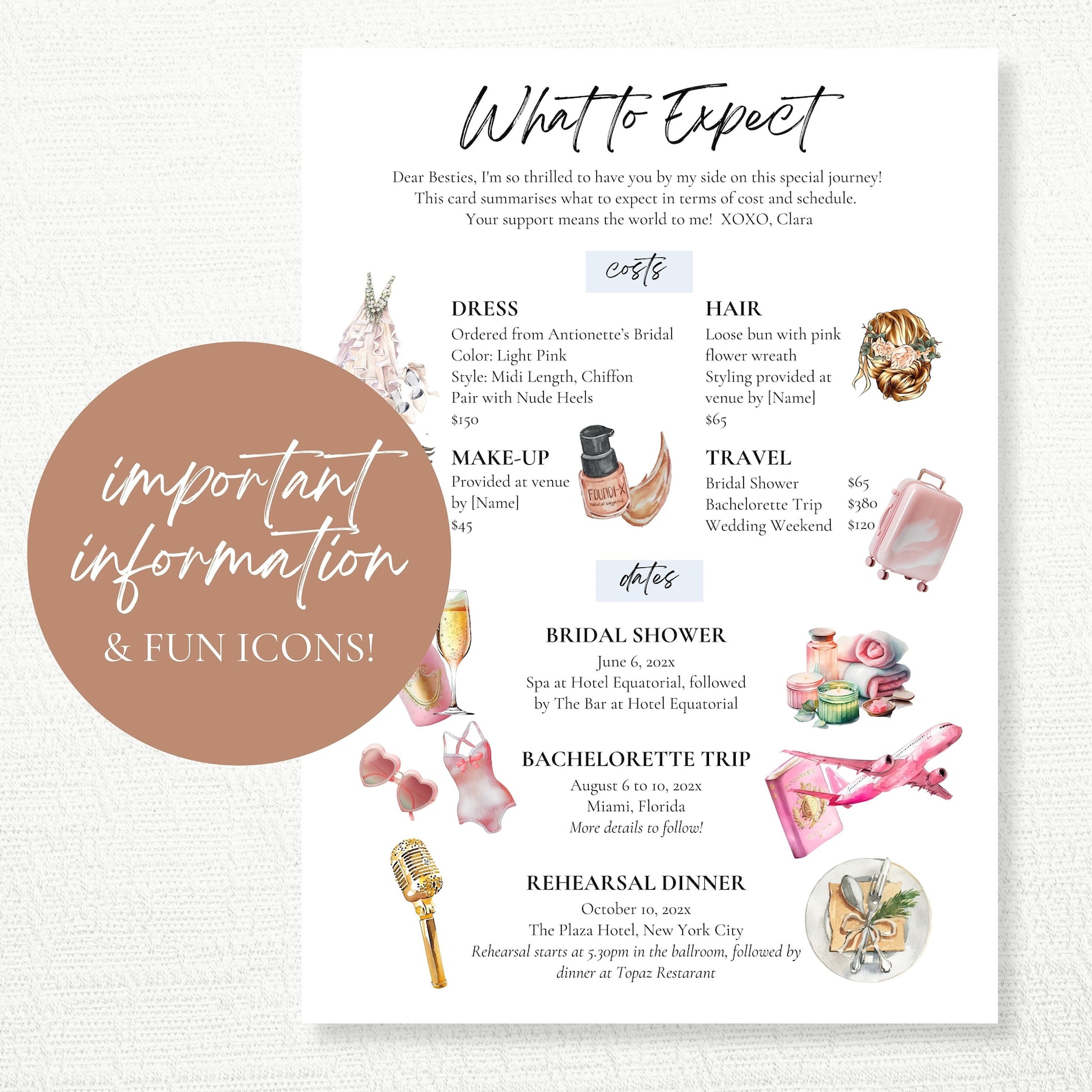 Editable Bridesmaid Expectations Card, Bridesmaid Info Card for ...