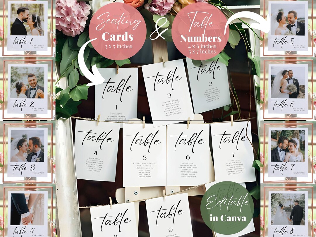 Seating Chart Cards Wedding Table Numbers With Photos Template Bundle ...