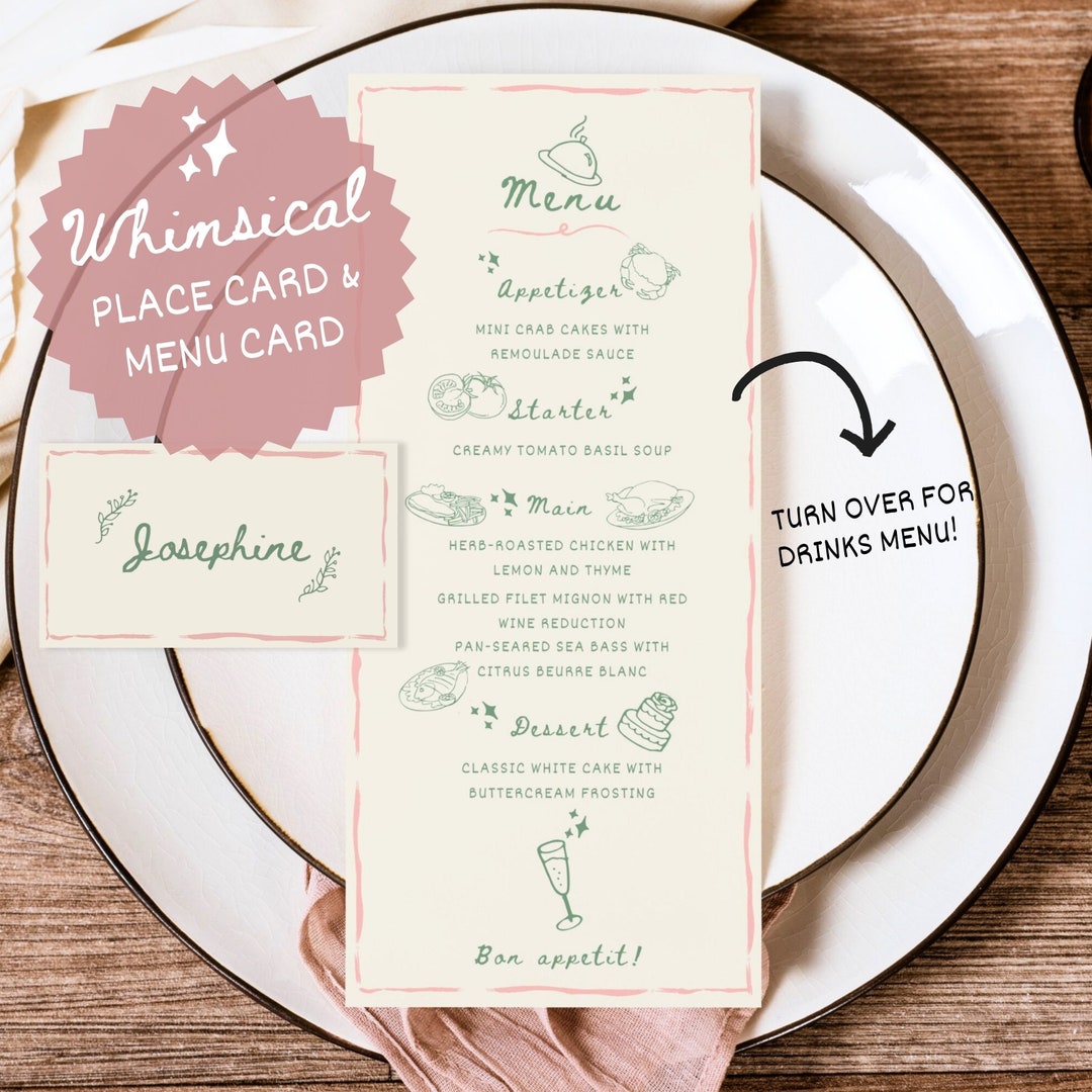 Whimsical Plate Menu Cards Wedding, Wedding Menu Template With Name ...
