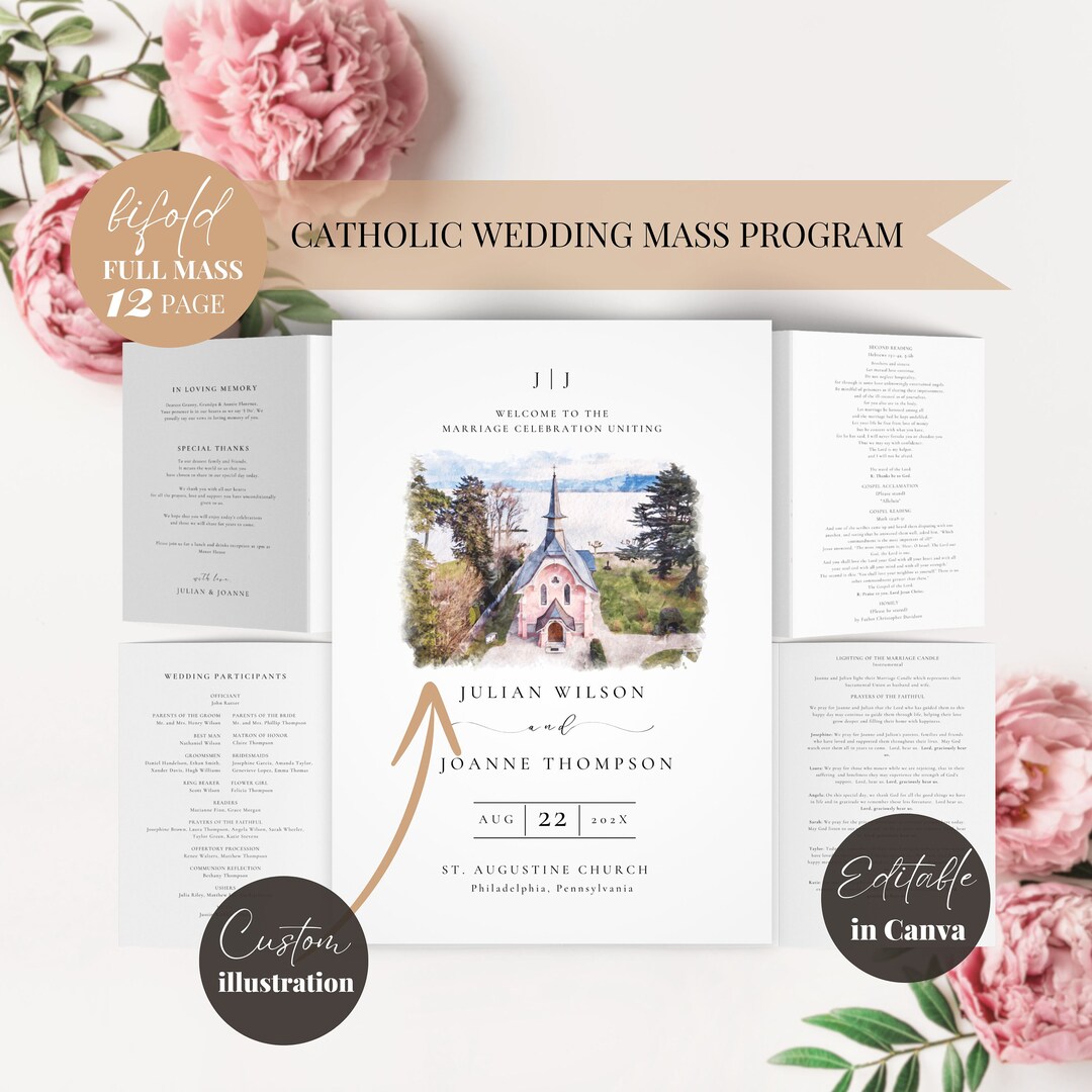 12-page Bifold Catholic Wedding Program Template Custom Watercolor ...