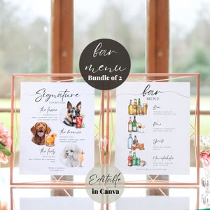 Signature Drink Sign With Dog, Bar Menu Template With Watercolor Drinks ...