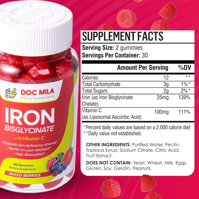 Iron Supplement for Kids and Adults - Iron Bisglycinate Gummies 25mg ...