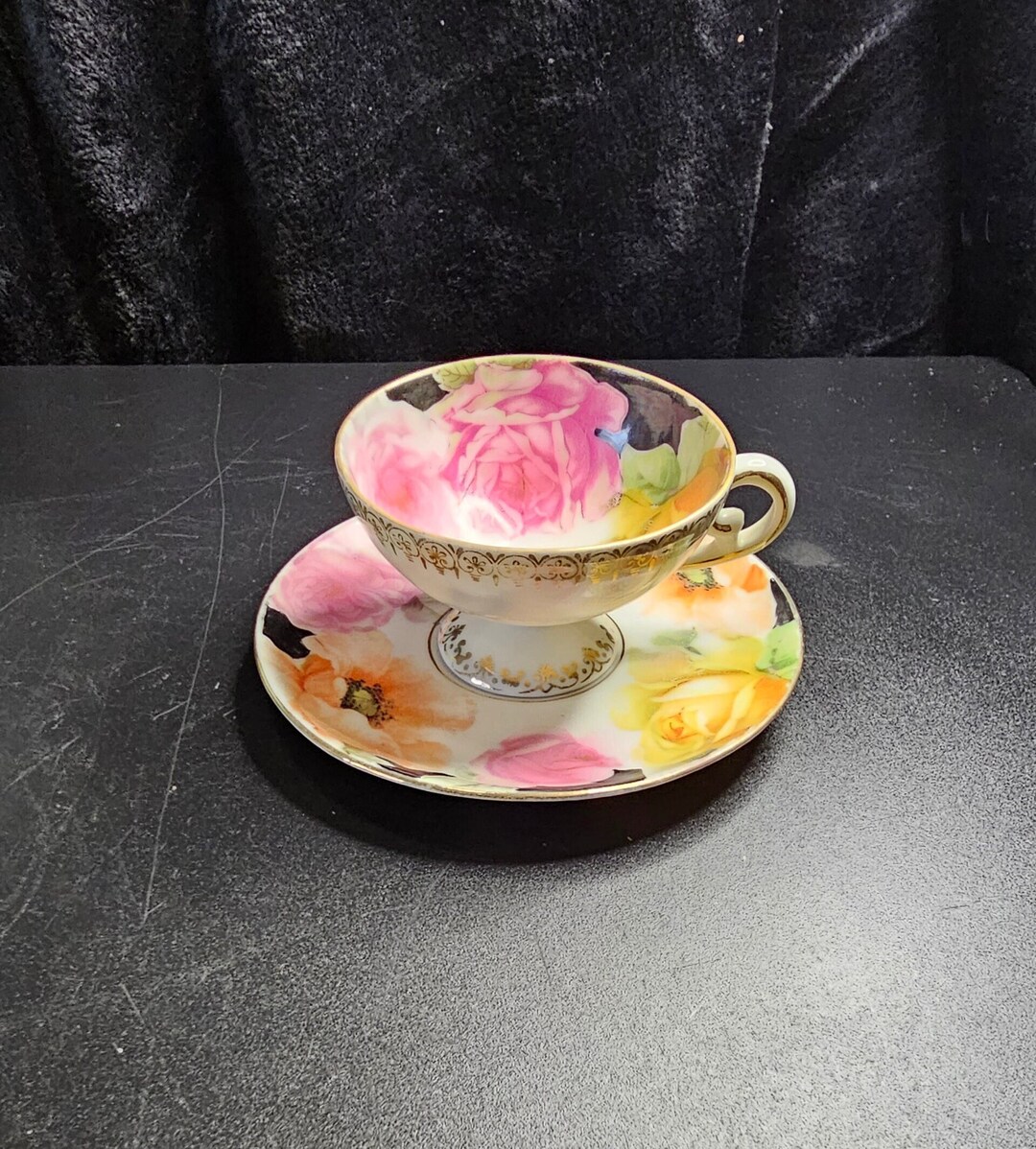 Antique Royal Vienna Footed Demi Teacup | Black With Pink and Yellow ...