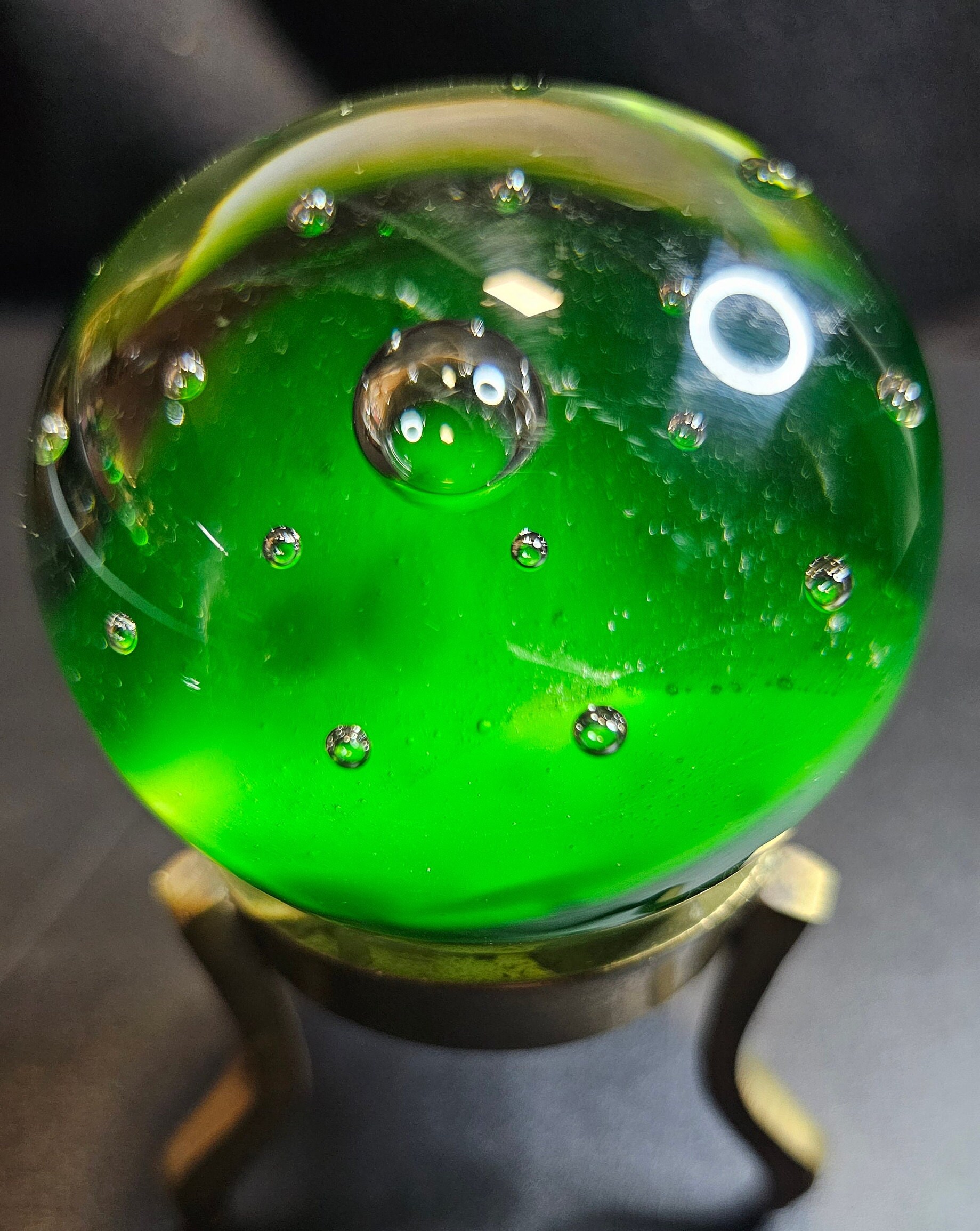 Vintage Emerald Green Art Glass Sphere Paperweight on a Brass Stand ...