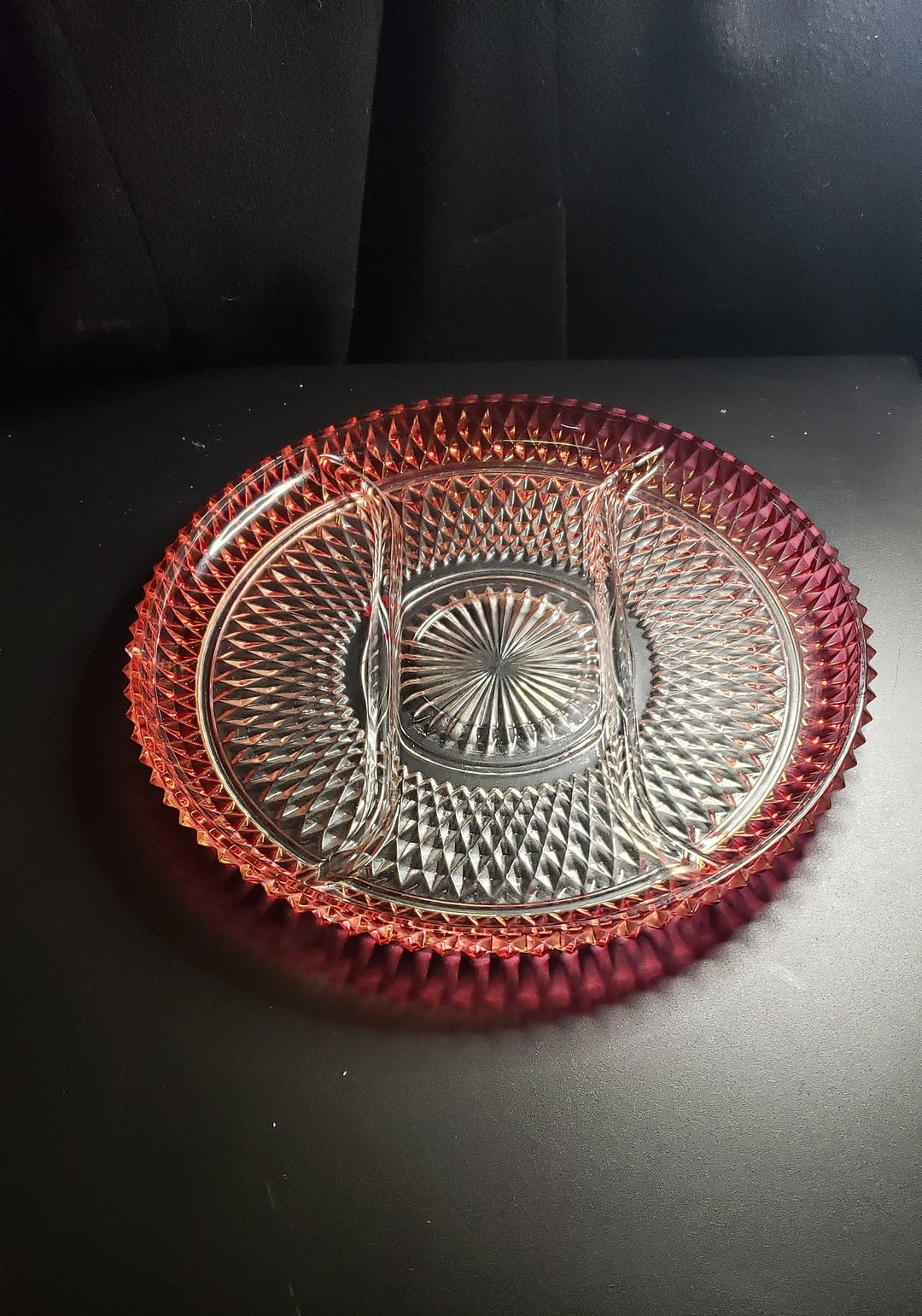 Vintage Indiana Glass Circular Diamond Point Divided Ruby Flash Plate ...