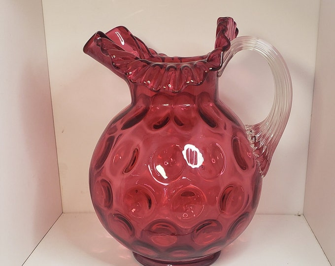 Vintage Large Fenton Cranberry Pink Coin Dot Glass Pitcher With Ruffled Edge - Clear Applied ...