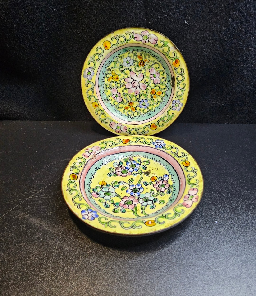 TWO Antique Chinese Canton Enamel Over Brass Trinket Dishes | Cloisonne ...