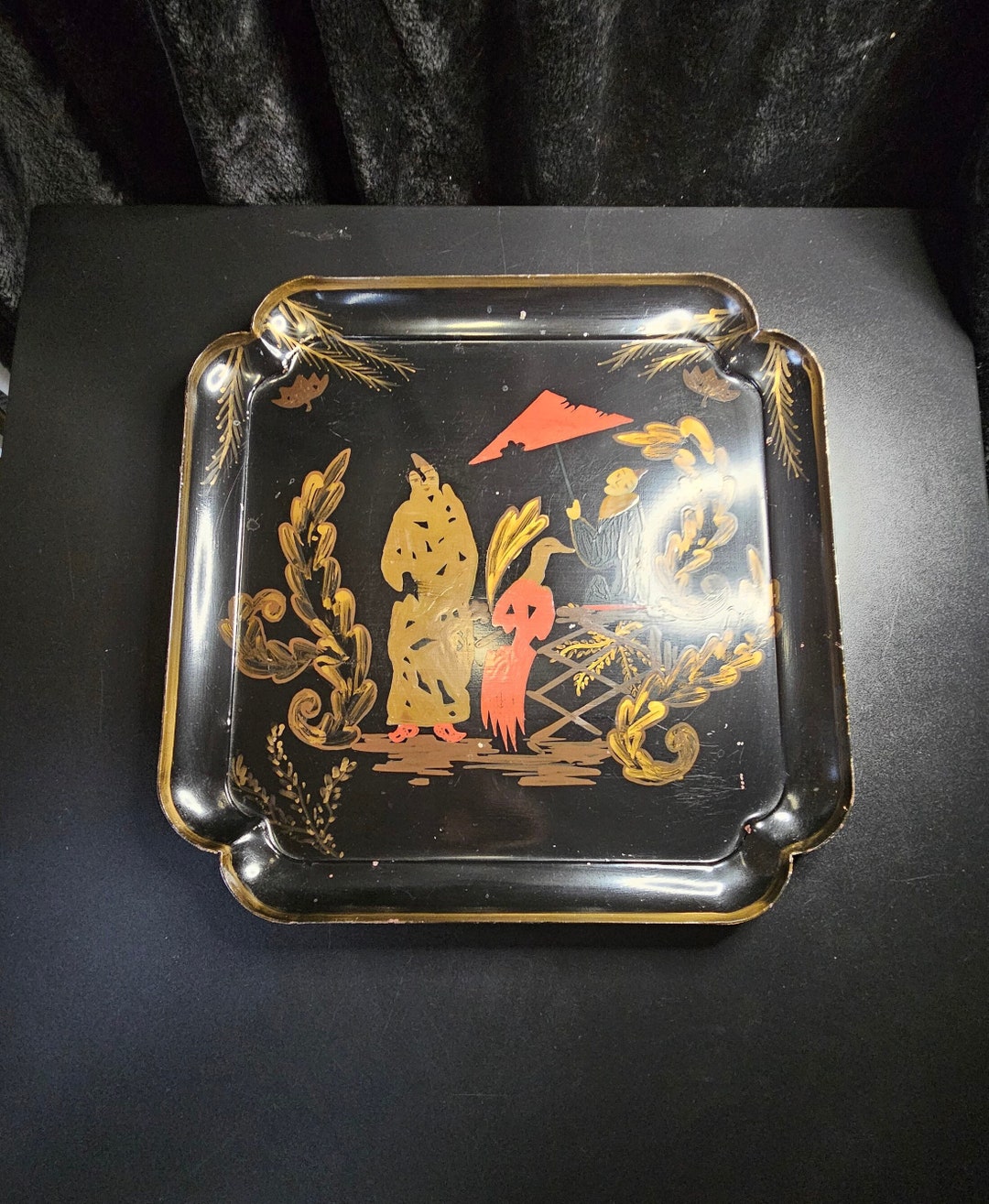 Vintage Chinese Black Square Metal Tray BY CENTRUM | 1992 | Hand ...
