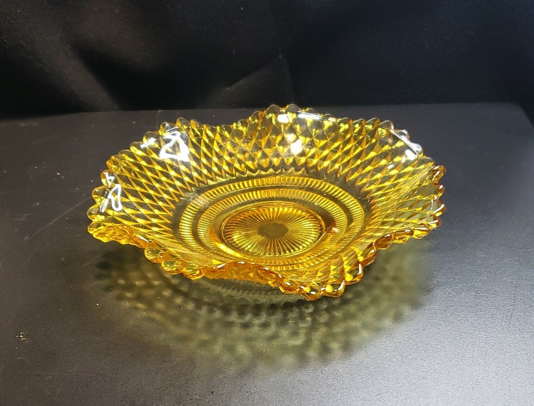 Vintage Amber Diamond Cut Scalloped Nut / Candy / Bonbon Bowl | Hobnail ...