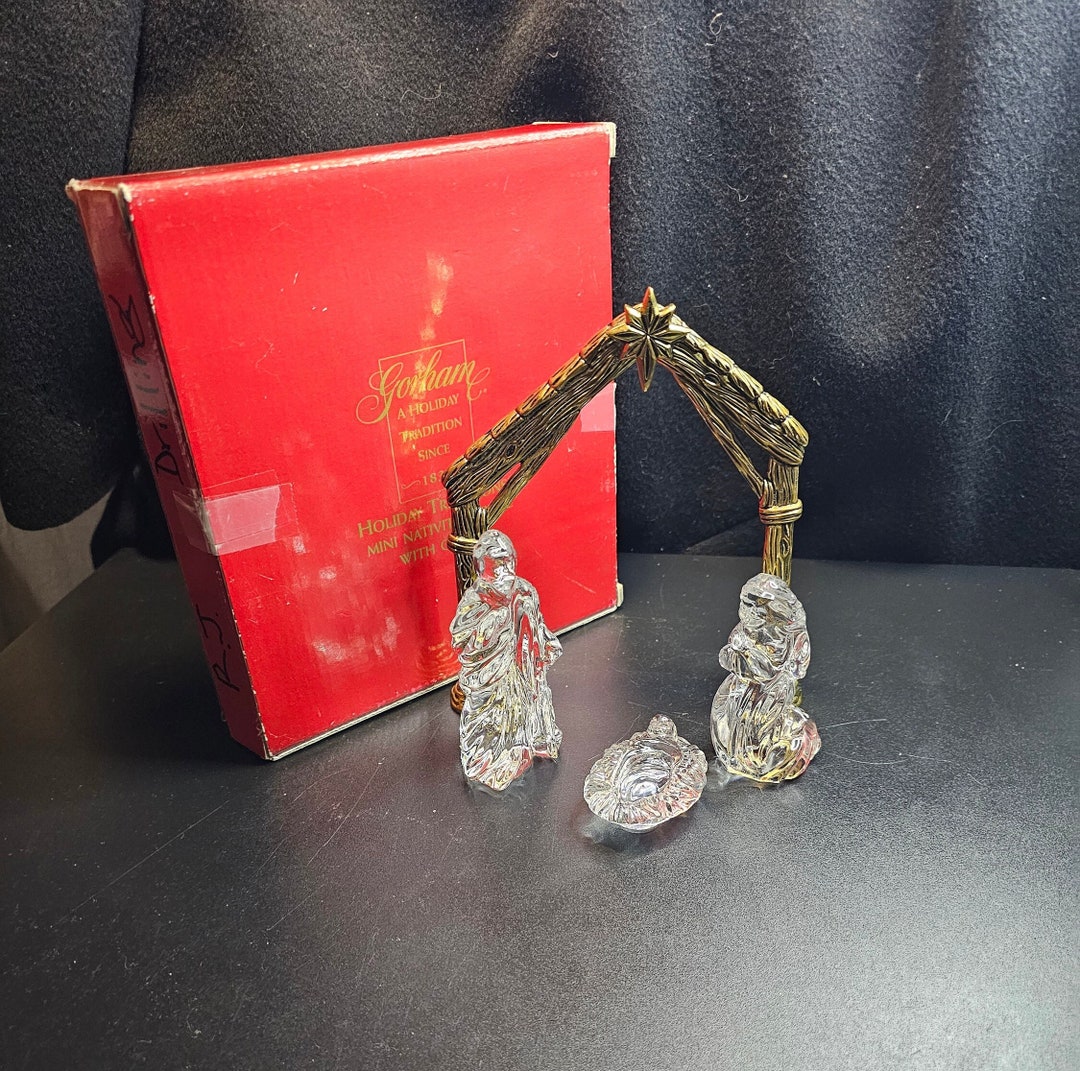 Gorham Lead Crystal Nativity Scene With Box 4 Pieces Brass Stable Arch ...
