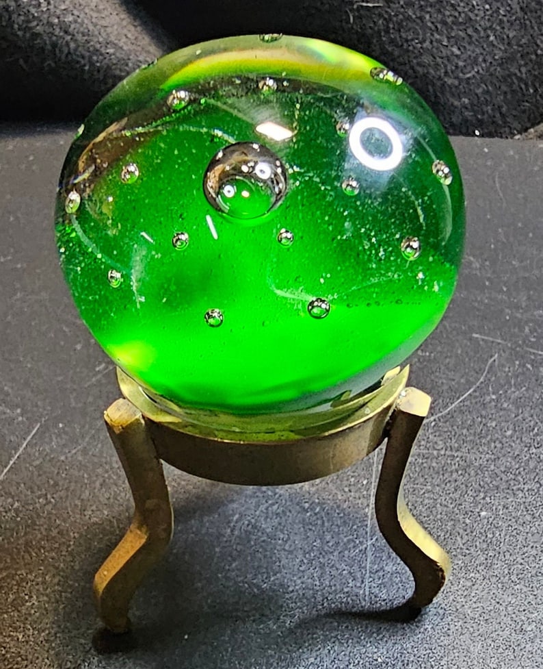 Vintage Emerald Green Art Glass Sphere Paperweight on a Brass Stand ...