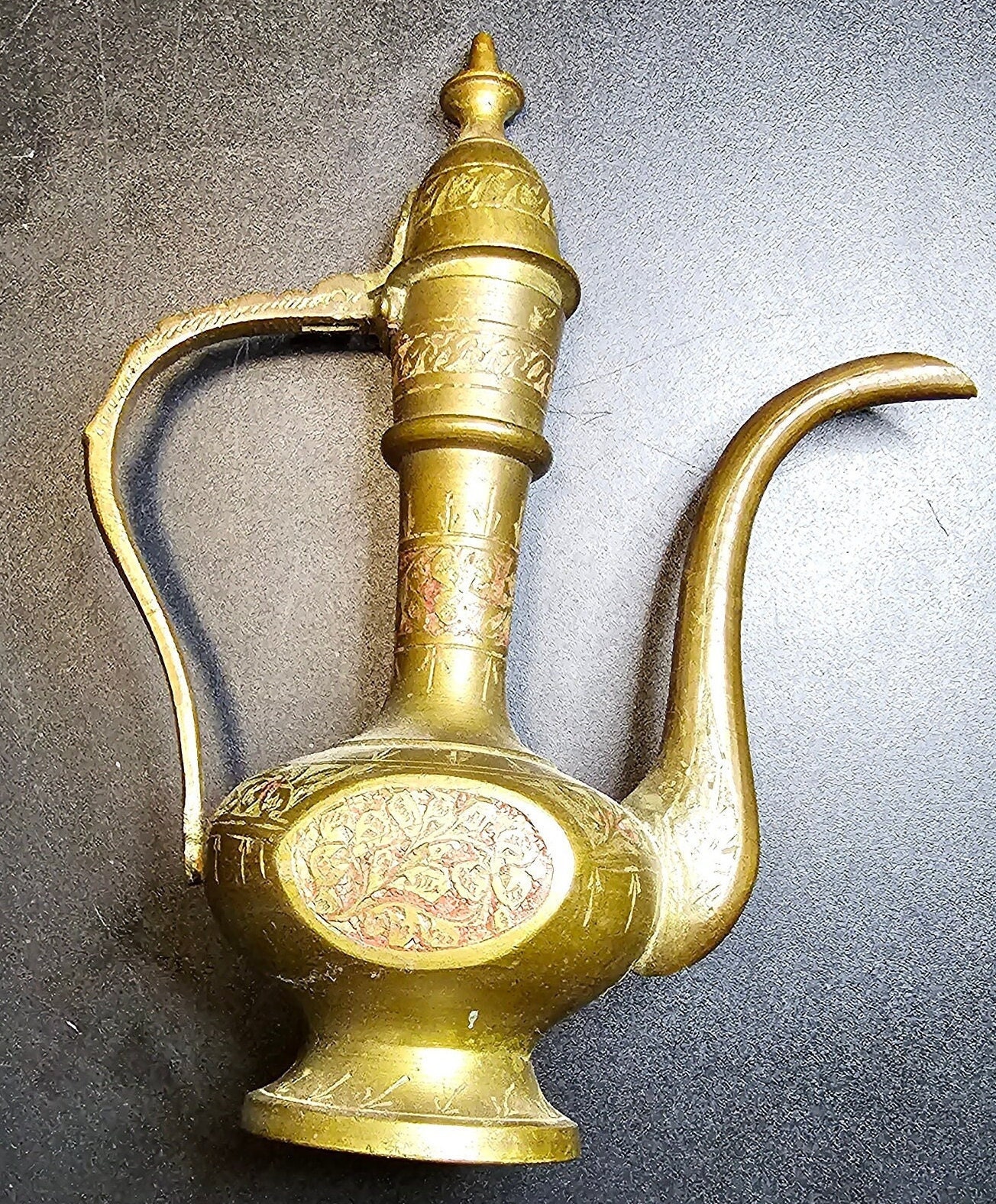 Vintage Arabic Brass Etched & Enameled Pitcher Vintage Hand Engraved ...