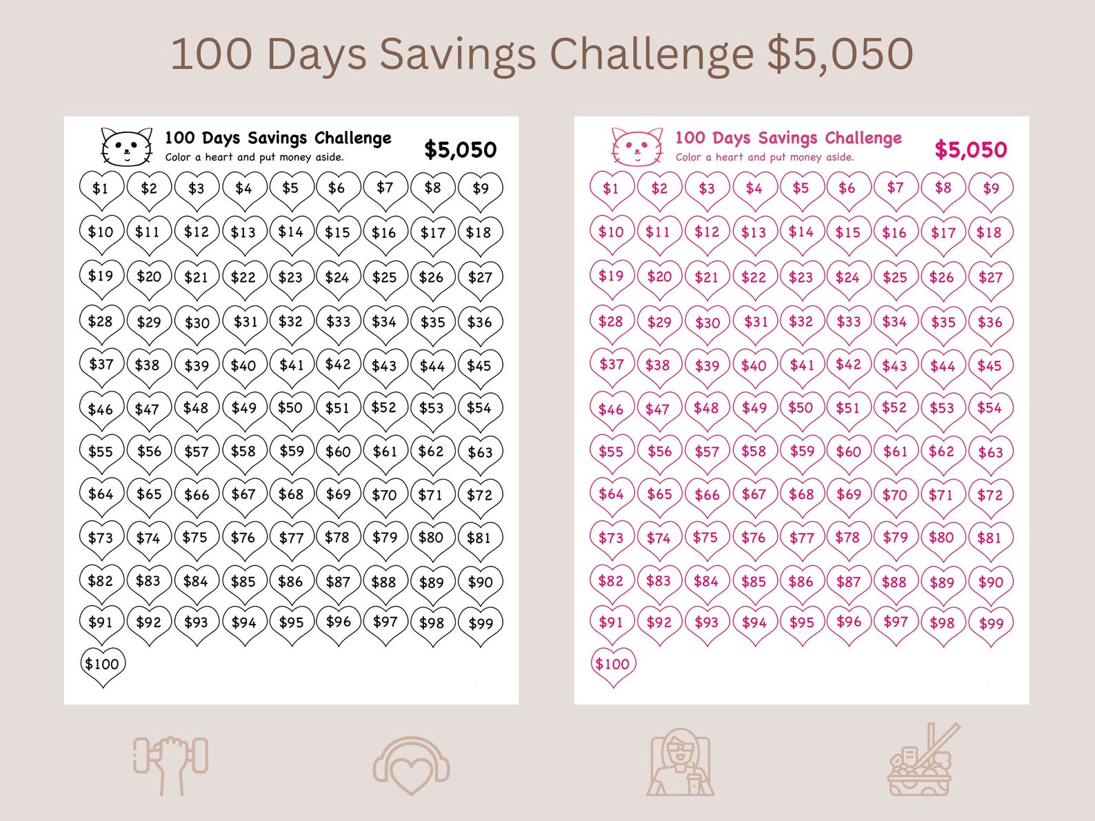 5050 Money Saving Challenge in 100 Days, Savings Challenge Printable ...