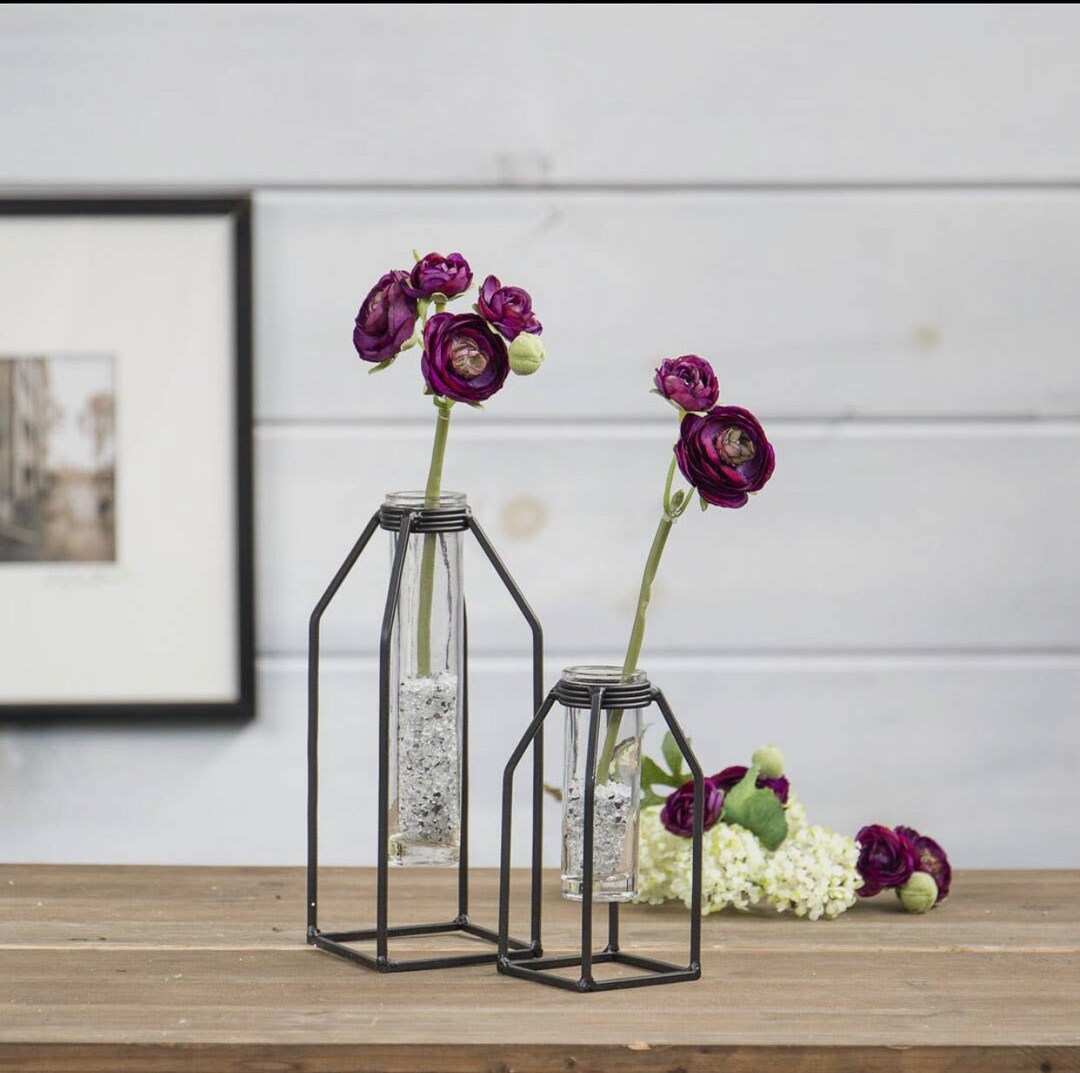Set of 2 Black Square Glass/metal Vases - Etsy