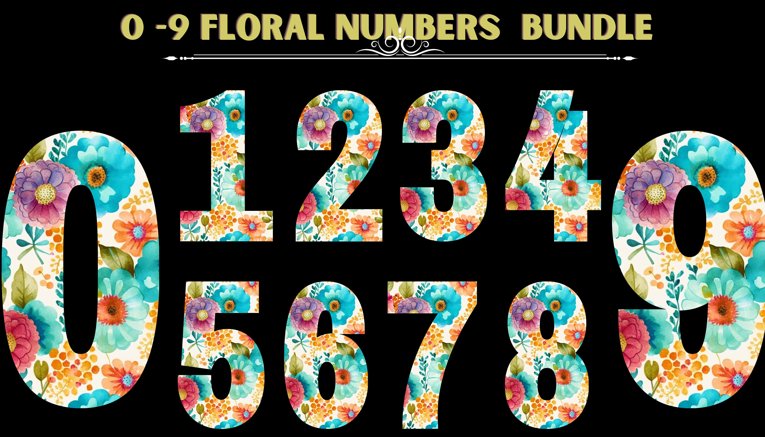 5 Floral Print Doodle Numbers PNG Bundle, Flowers Print, Design Hand ...