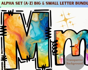 Rainbow Ink Watercolor PNG Letters, Doodle Sublimation Alphabet Bundle ...