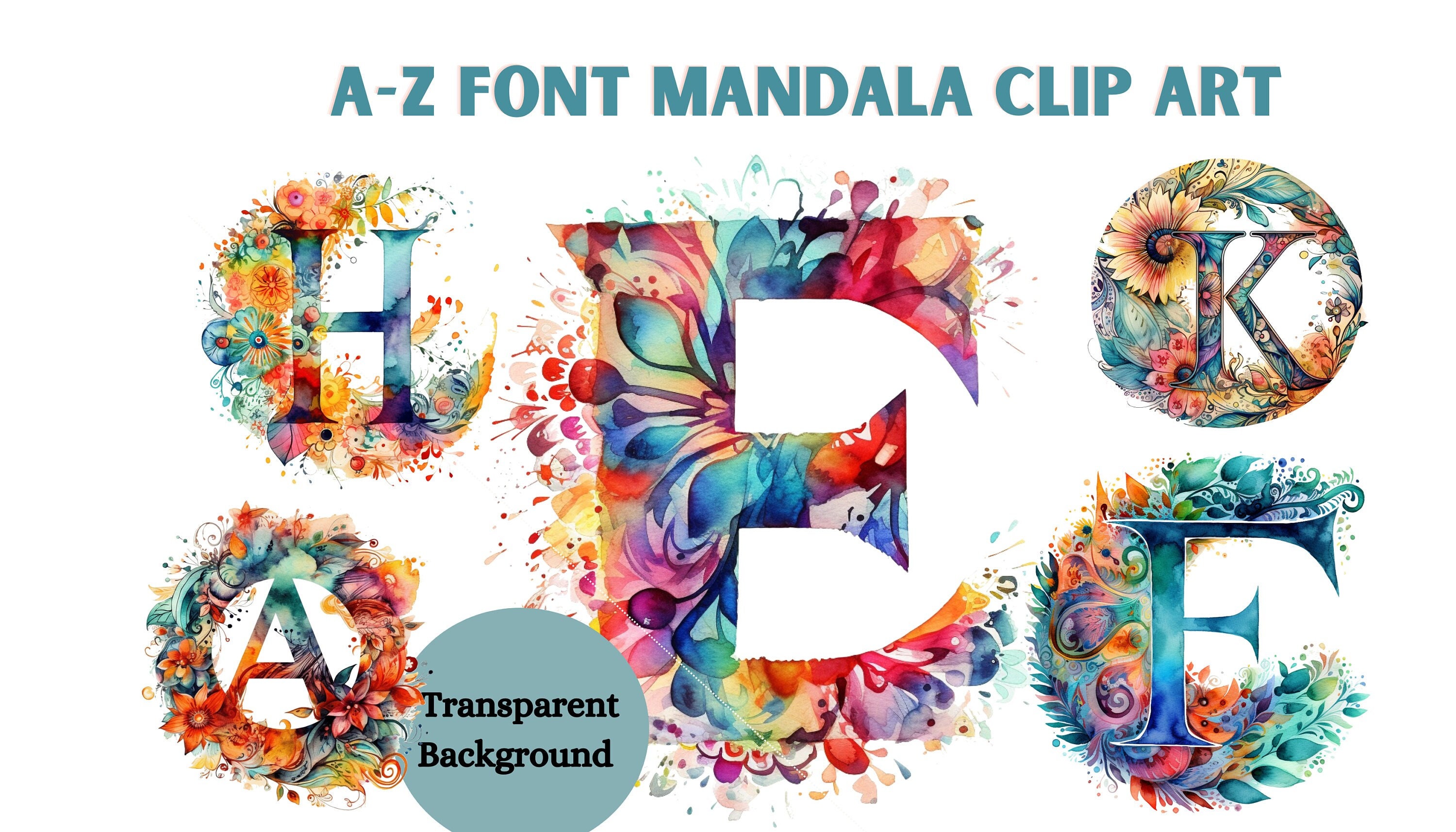 Alpha Mandala Watercolor Png, 26 Floral Letters Clipart, Digital Print ...