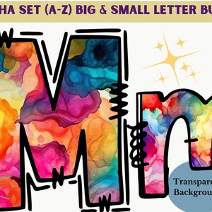 Rainbow Ink Watercolor PNG Letters, Doodle Sublimation Alphabet Bundle ...