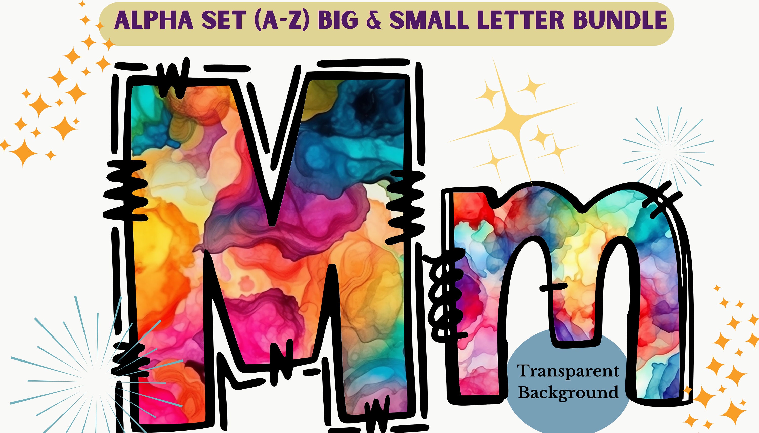 Rainbow Ink Watercolor PNG Letters, Doodle Sublimation Alphabet Bundle ...