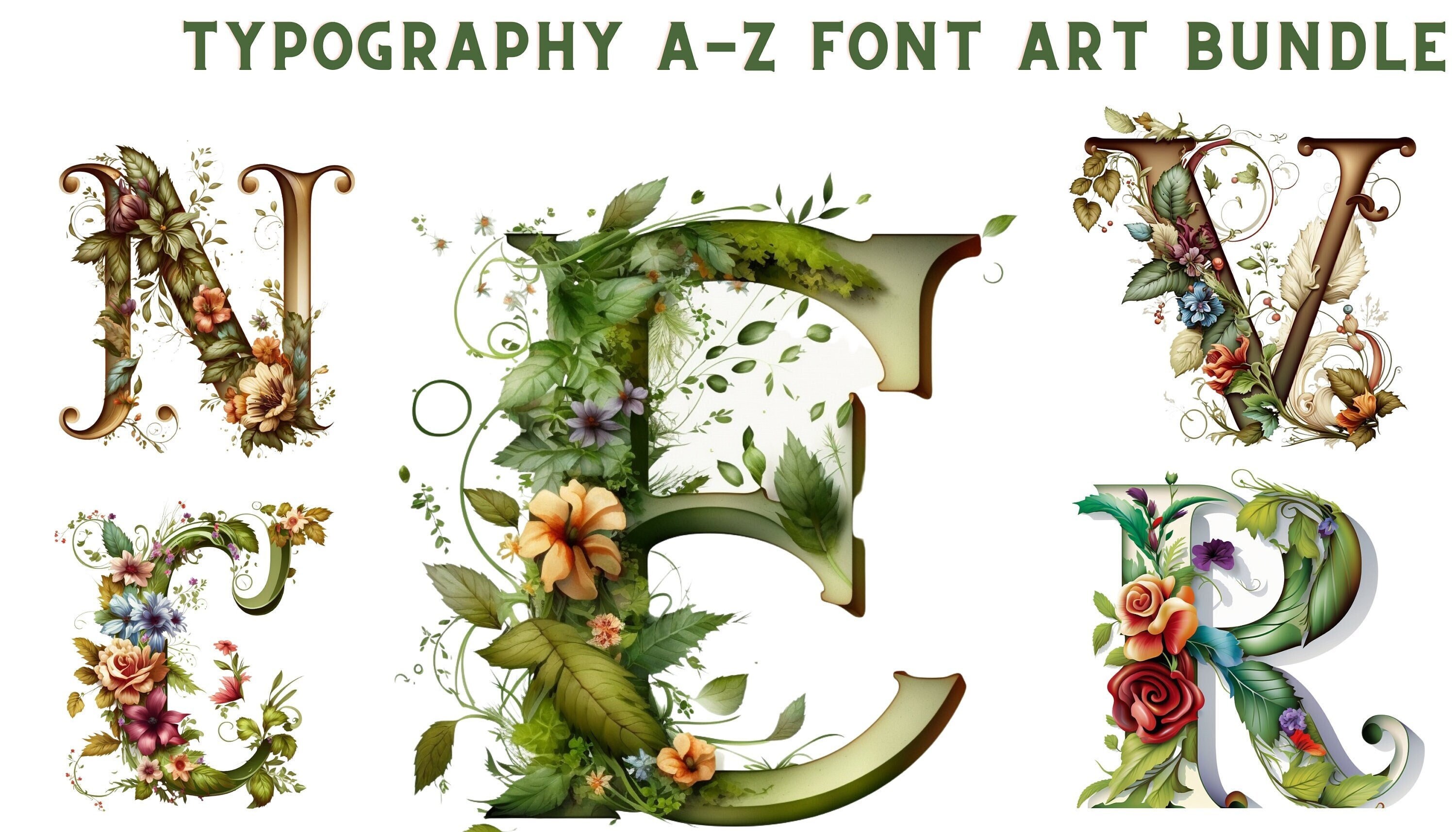 Alphabet Watercolor Png, 26 Floral Letters Clipart, Digital Print ...