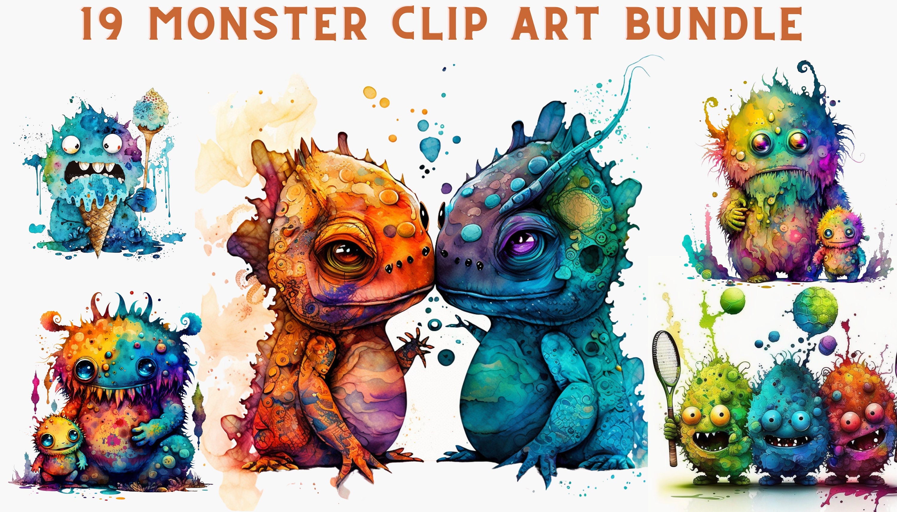 Cute Monster Watercolor Clipart Part 2 - 18 PNG - Digital Paper Craft ...