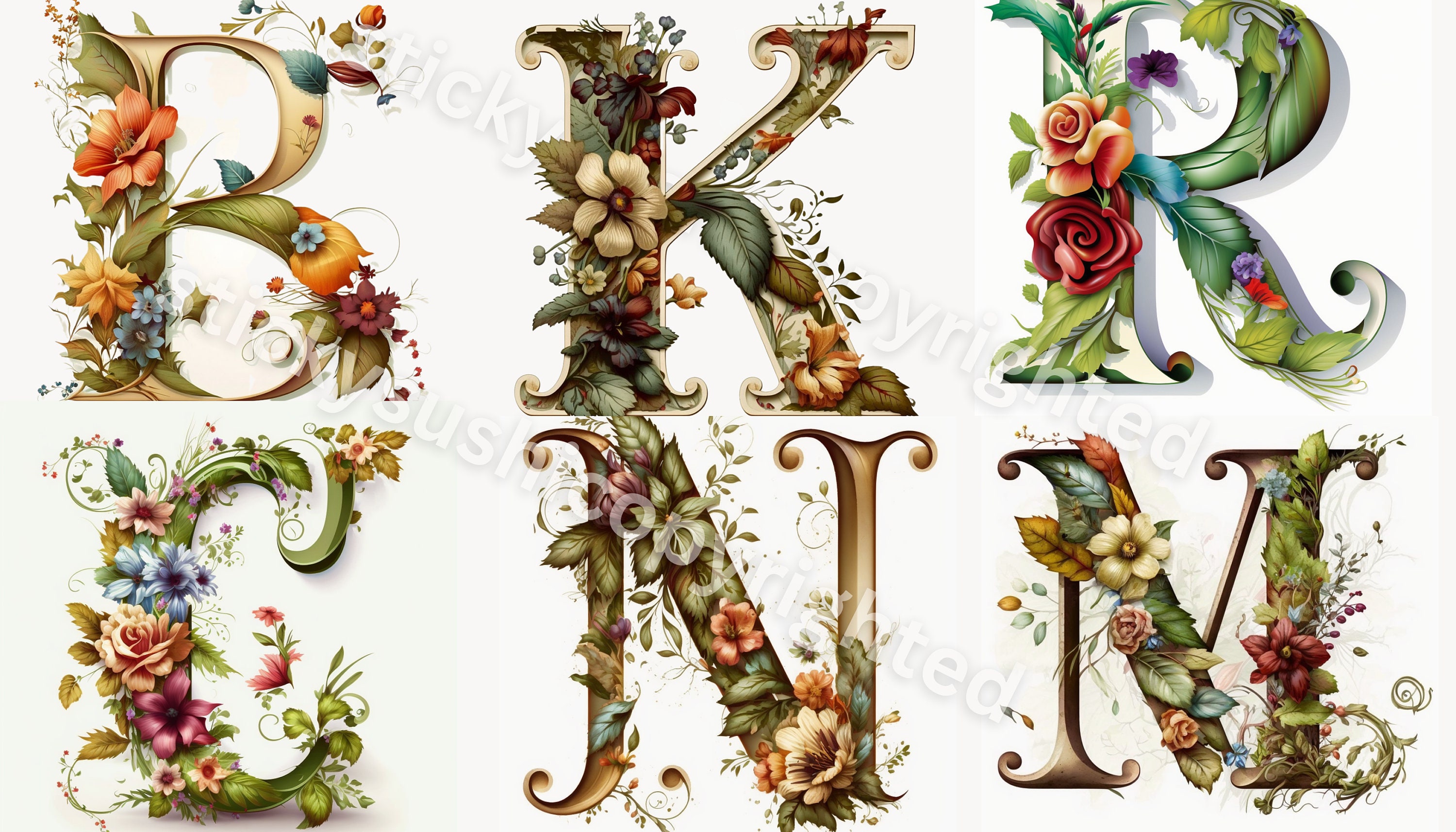Alphabet Watercolor Png, 26 Floral Letters Clipart, Digital Print ...