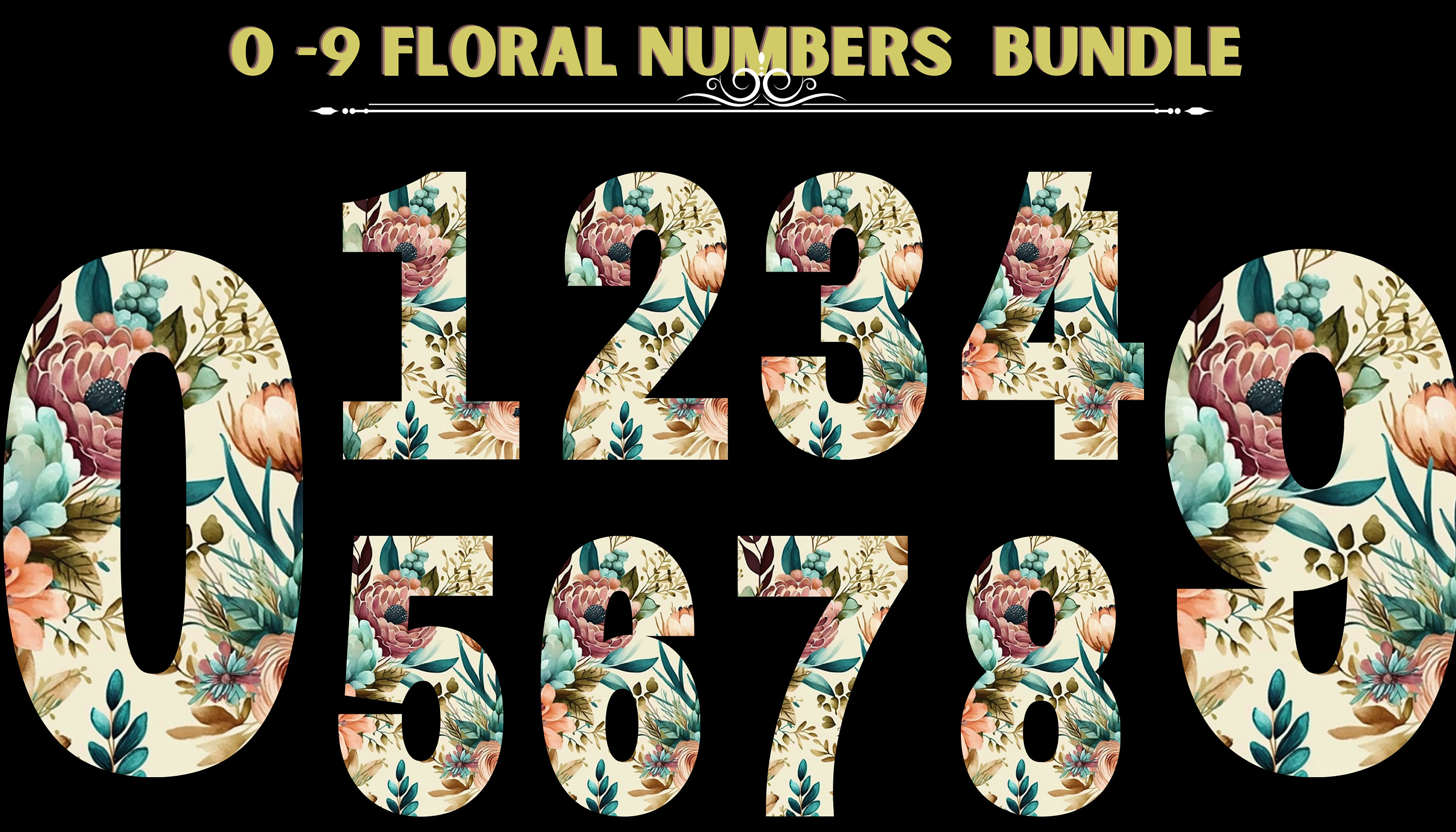 5 Floral Print Doodle Numbers PNG Bundle, Flowers Print, Design Hand ...