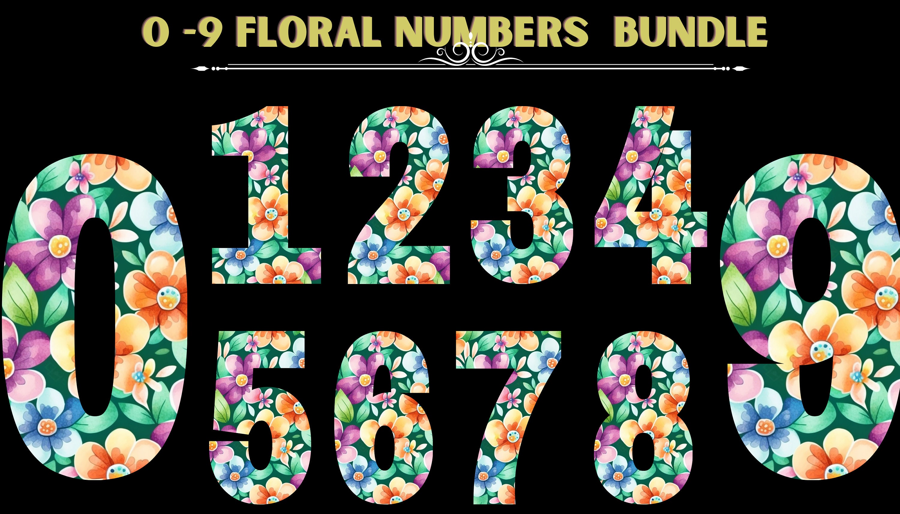 5 Floral Print Doodle Numbers PNG Bundle, Flowers Print, Design Hand ...