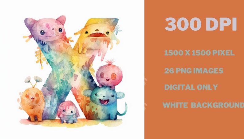 Alphabet Monster Watercolor Png, 26 Letters Clipart, Digital Print ...
