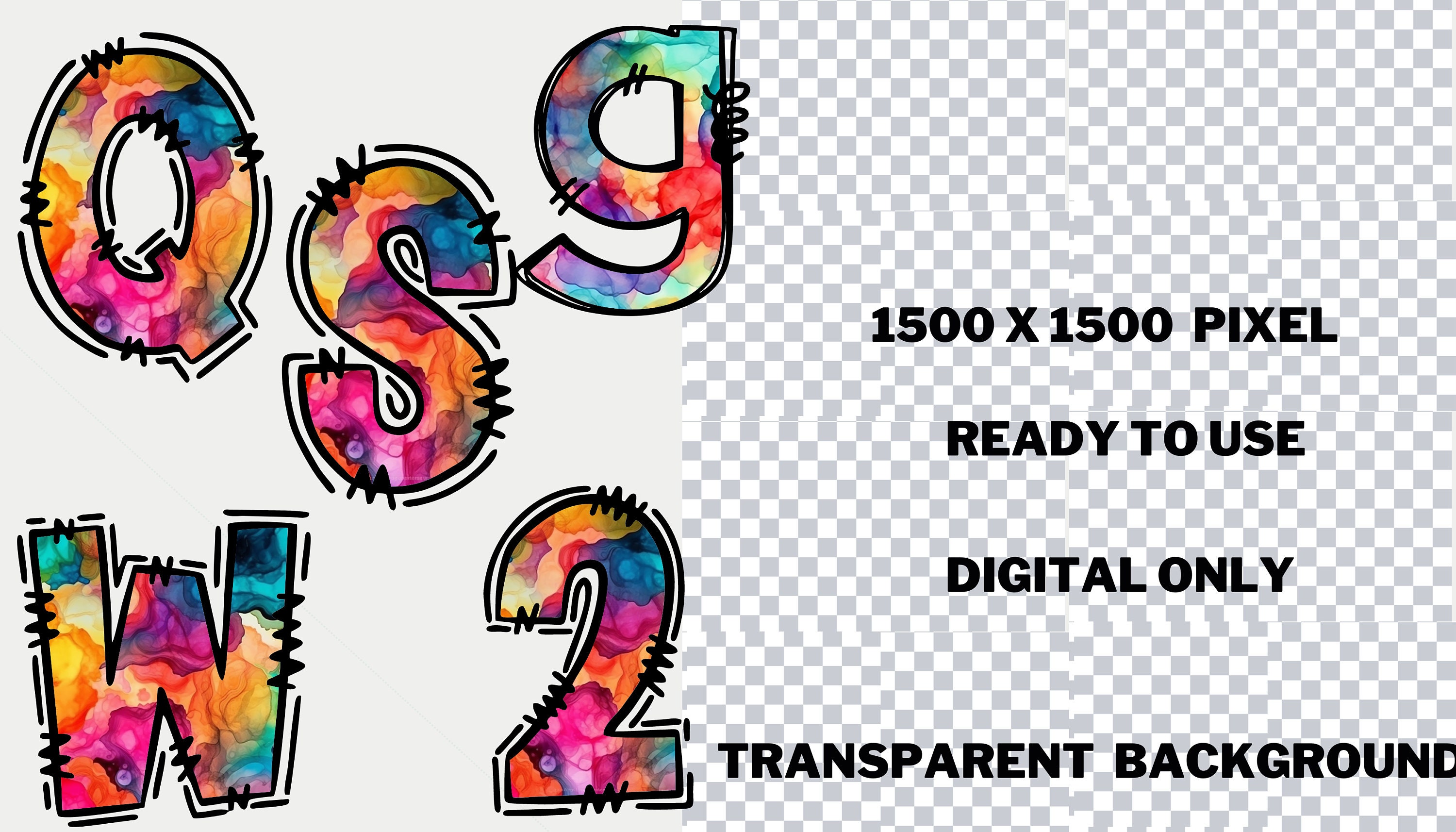 Rainbow Ink Watercolor PNG Letters, Doodle Sublimation Alphabet Bundle ...