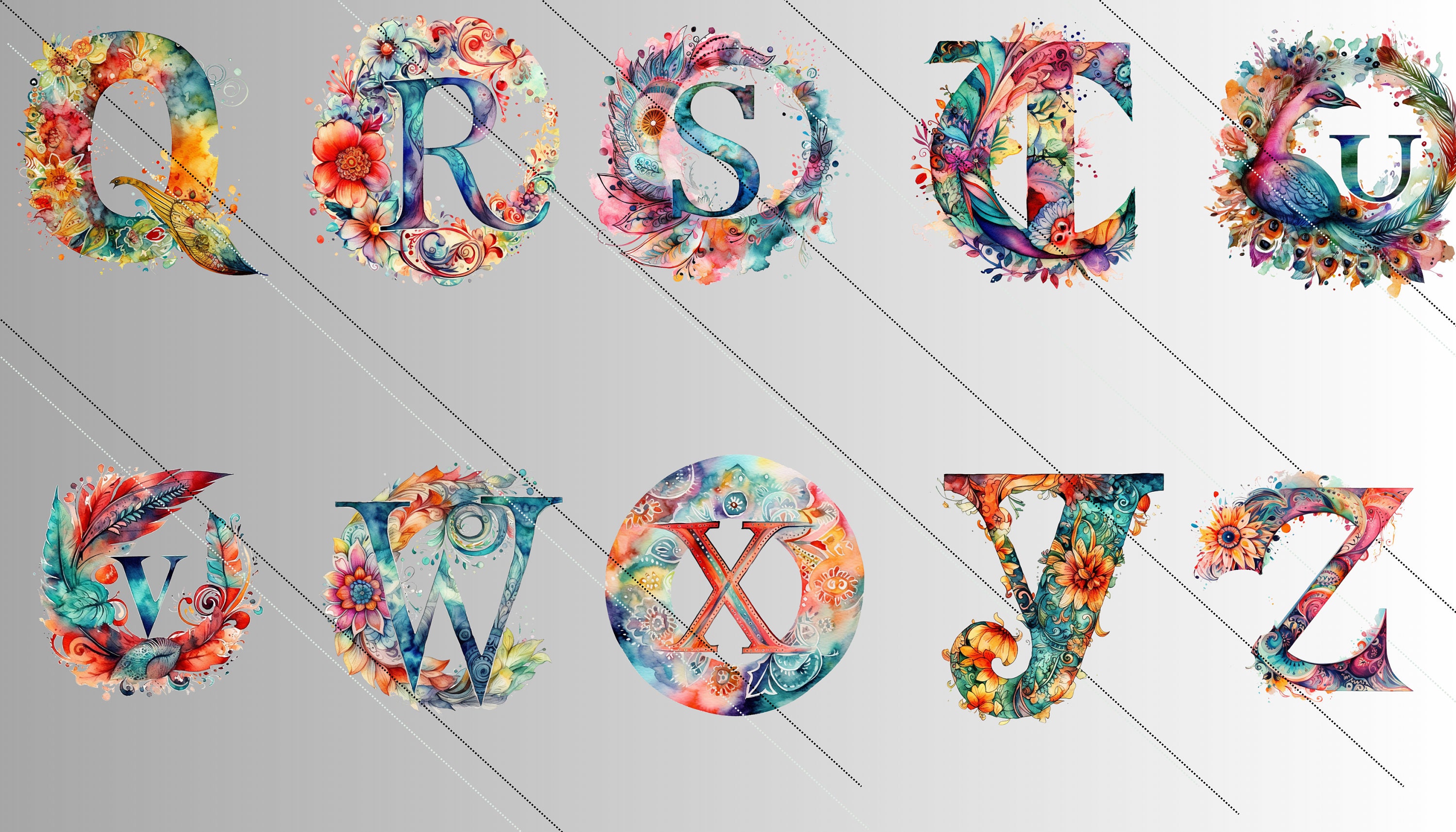 Alpha Mandala Watercolor Png, 26 Floral Letters Clipart, Digital Print ...