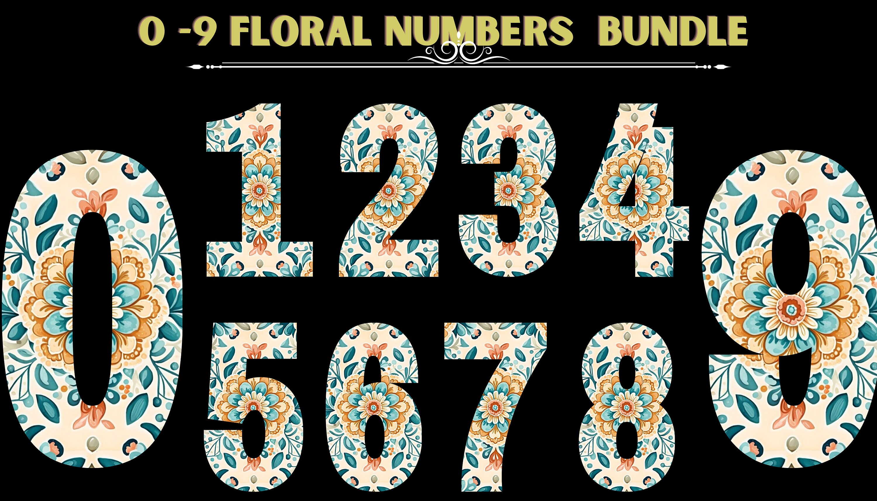 5 Floral Print Doodle Numbers PNG Bundle, Flowers Print, Design Hand ...