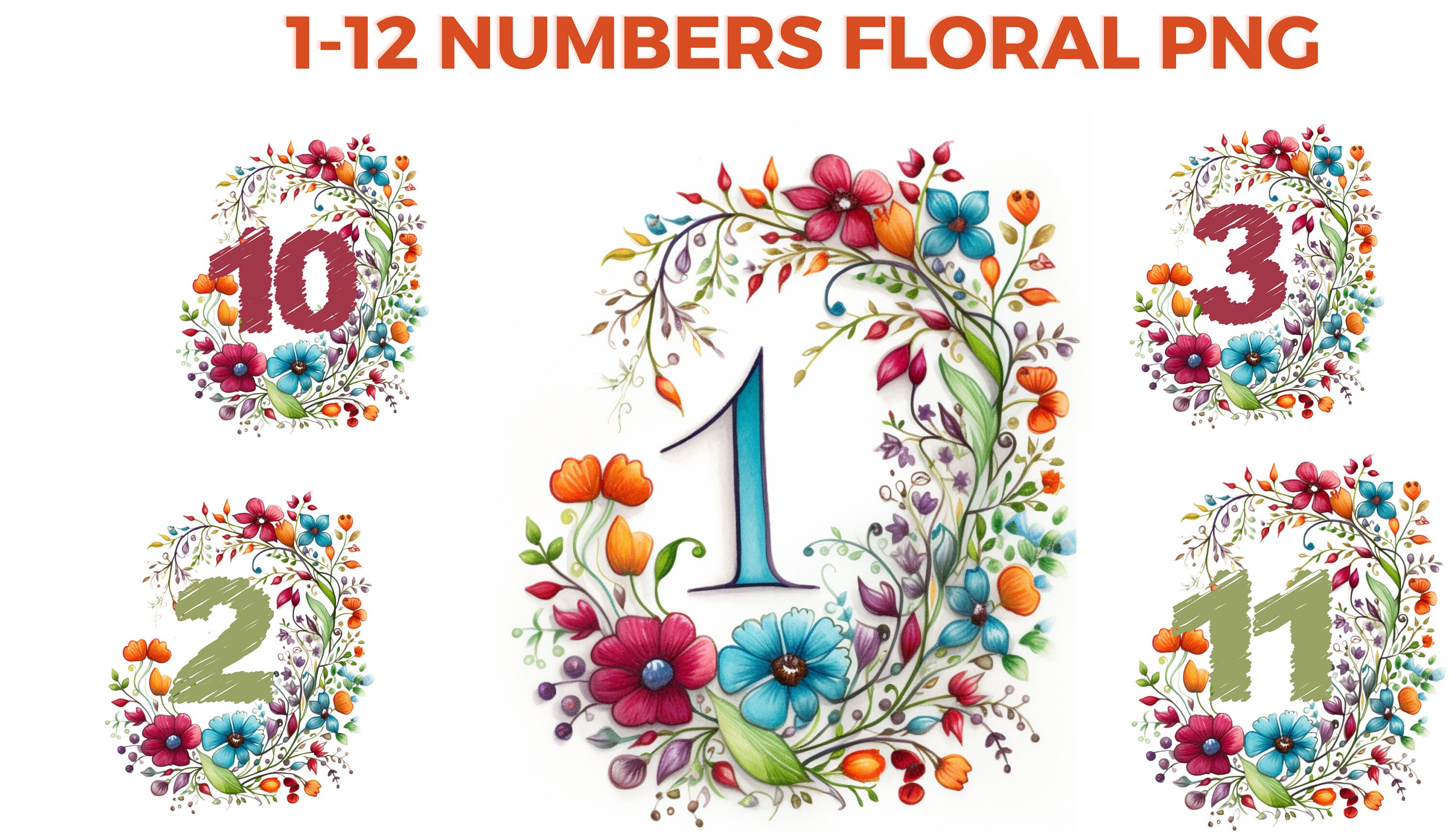 Floral Print Doodle Numbers PNG Bundle, Flowers Print, Design Hand ...
