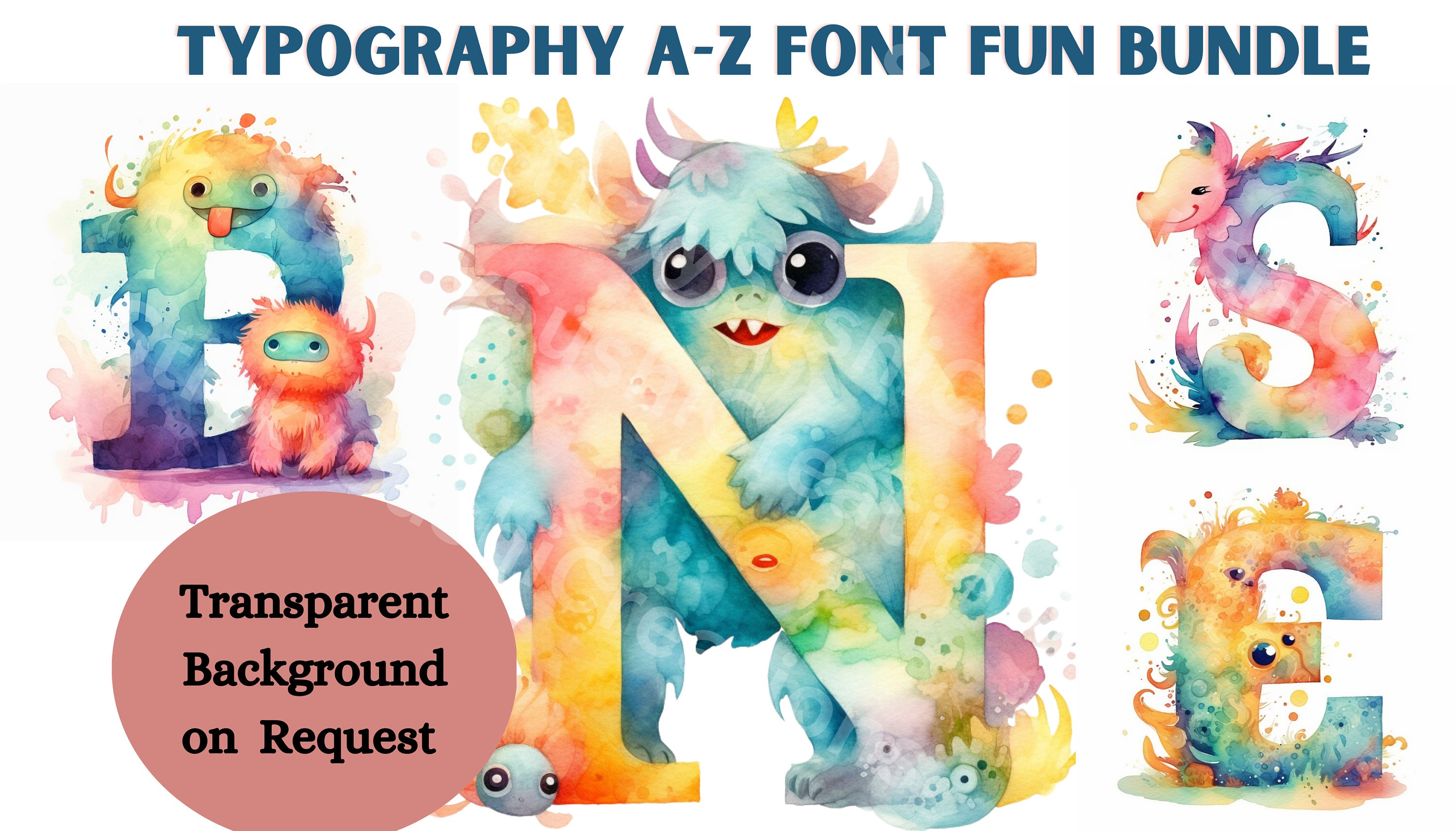 Alphabet Monster Watercolor Png, 26 Letters Clipart, Digital Print ...