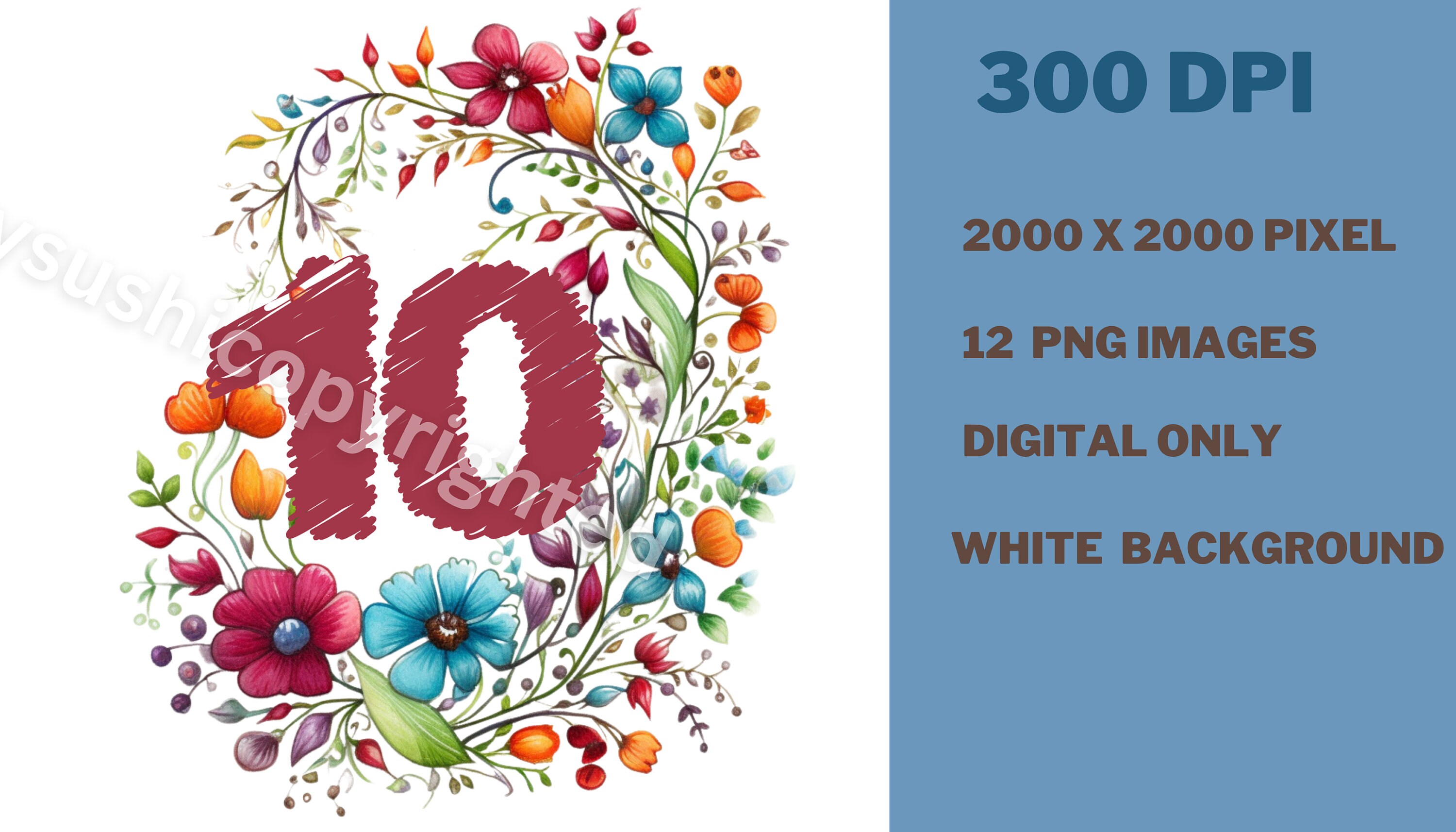 Floral Print Doodle Numbers PNG Bundle, Flowers Print, Design Hand ...
