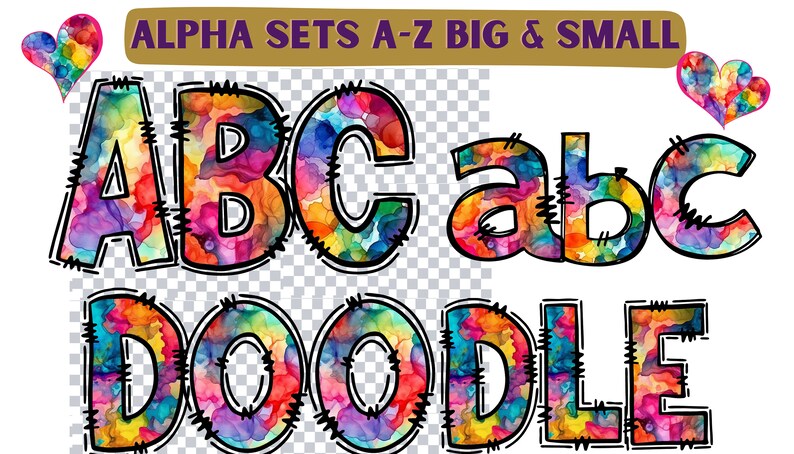 Rainbow Ink Watercolor PNG Letters, Doodle Sublimation Alphabet Bundle ...