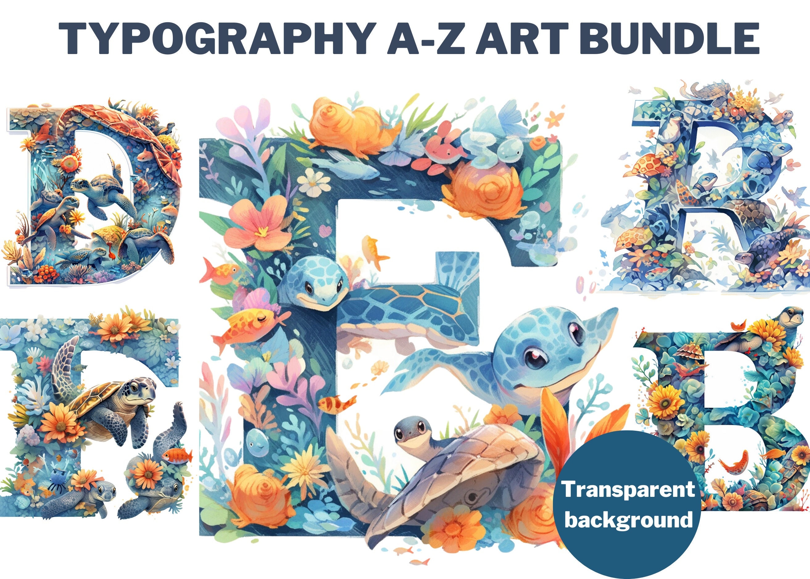 Alphabet Sea Turtle Png, 26 Underwater Letters Clipart, Digital Print ...