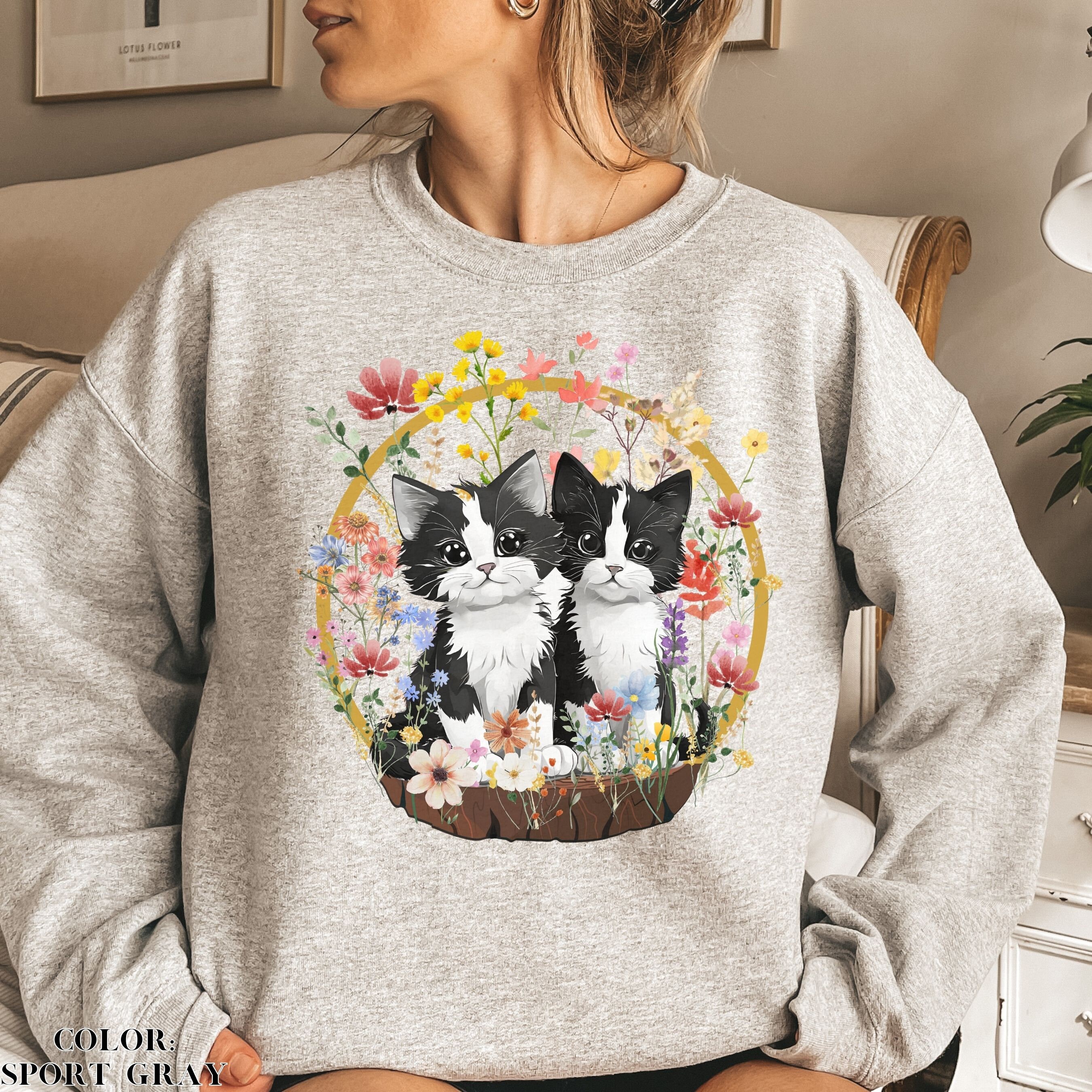 Wildflower Cat Sweatshirt for Women, Cute Floral Cat Lover Sweater ...